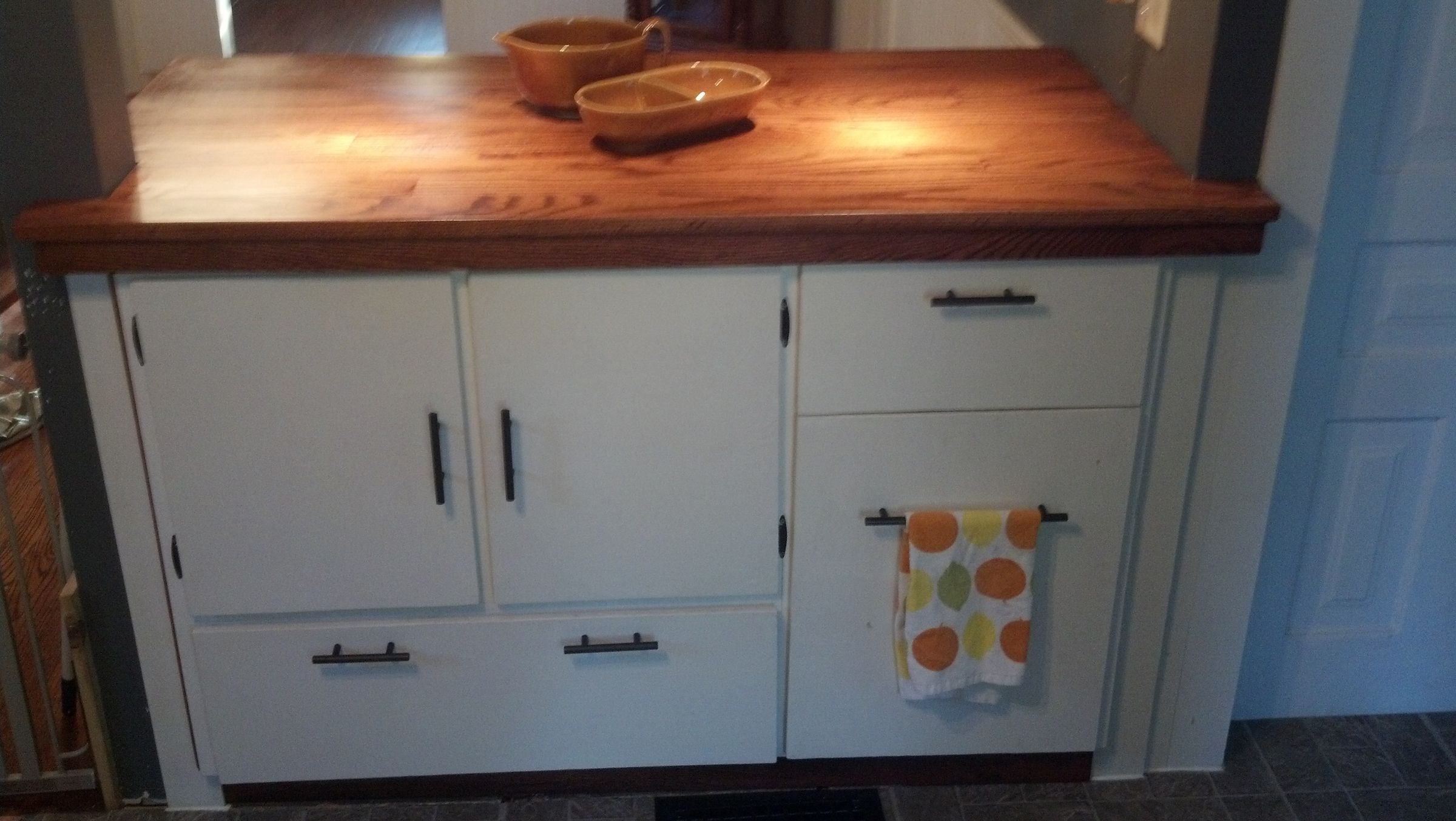 Oak Top Kitchen Bar With Pet Feeder Drawer and Roll Out Trashcan : 8 ...