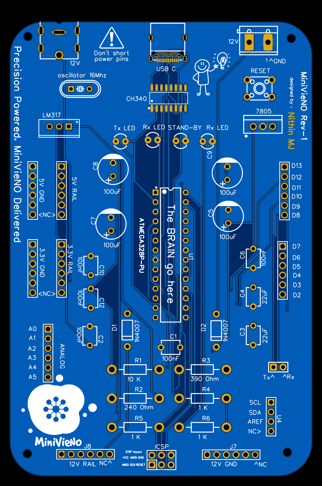 Custom DIY Arduino UNO R3 Full THT Board (MiniVieNO) With Enhanced ...
