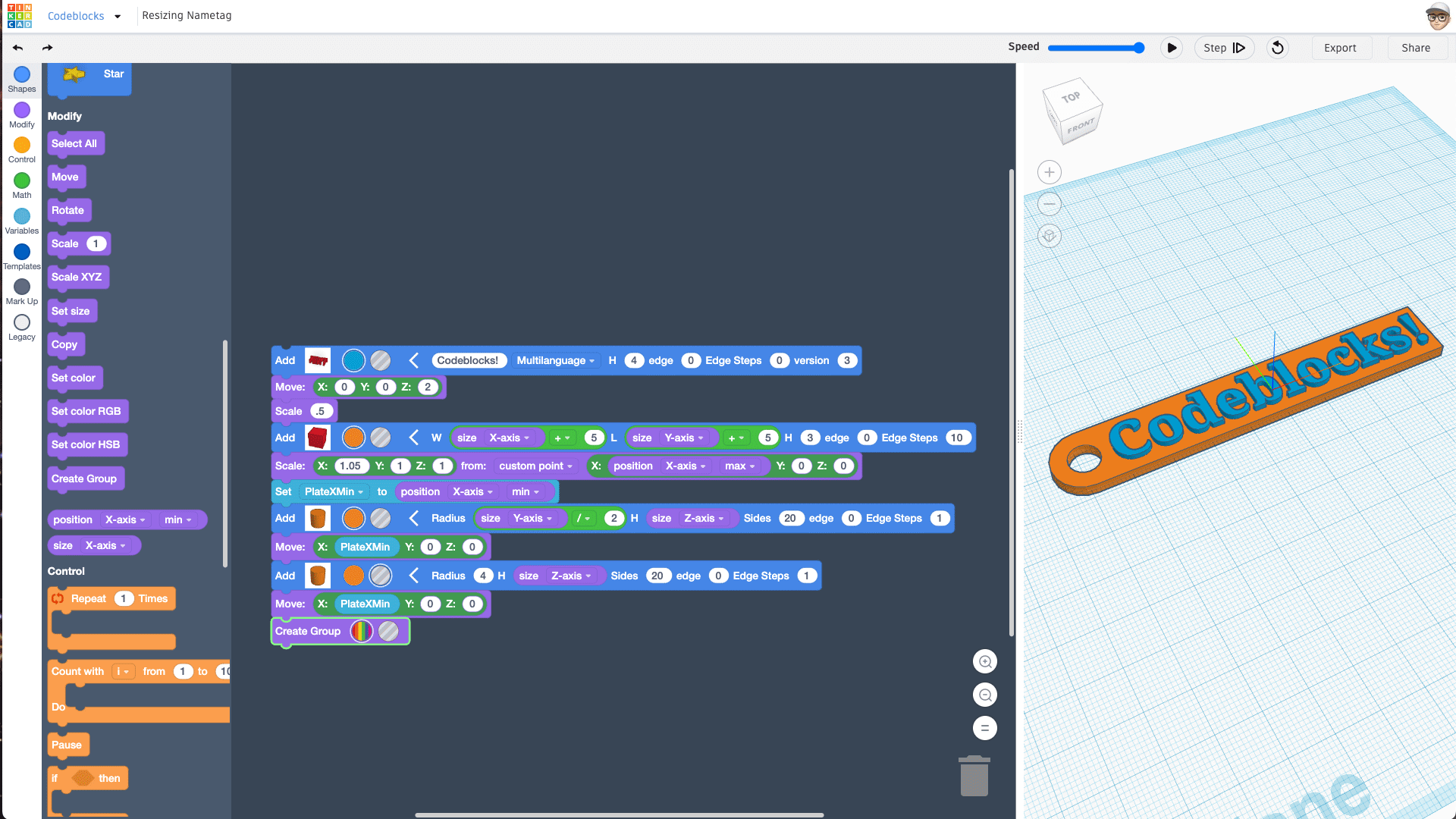 Tinkercad Codeblocks: Resizing Nametag : 11 Steps (with Pictures ...