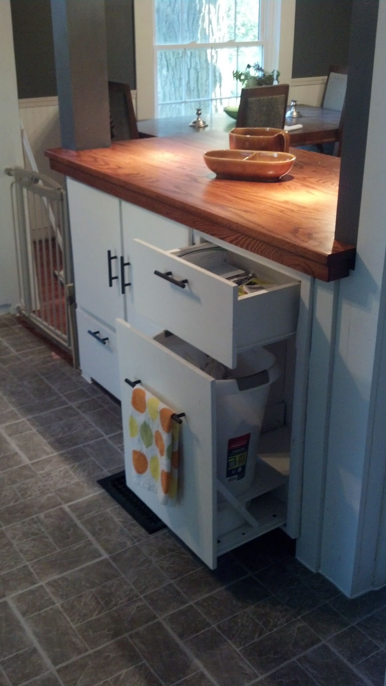 Oak Top Kitchen Bar With Pet Feeder Drawer and Roll Out Trashcan : 8 ...