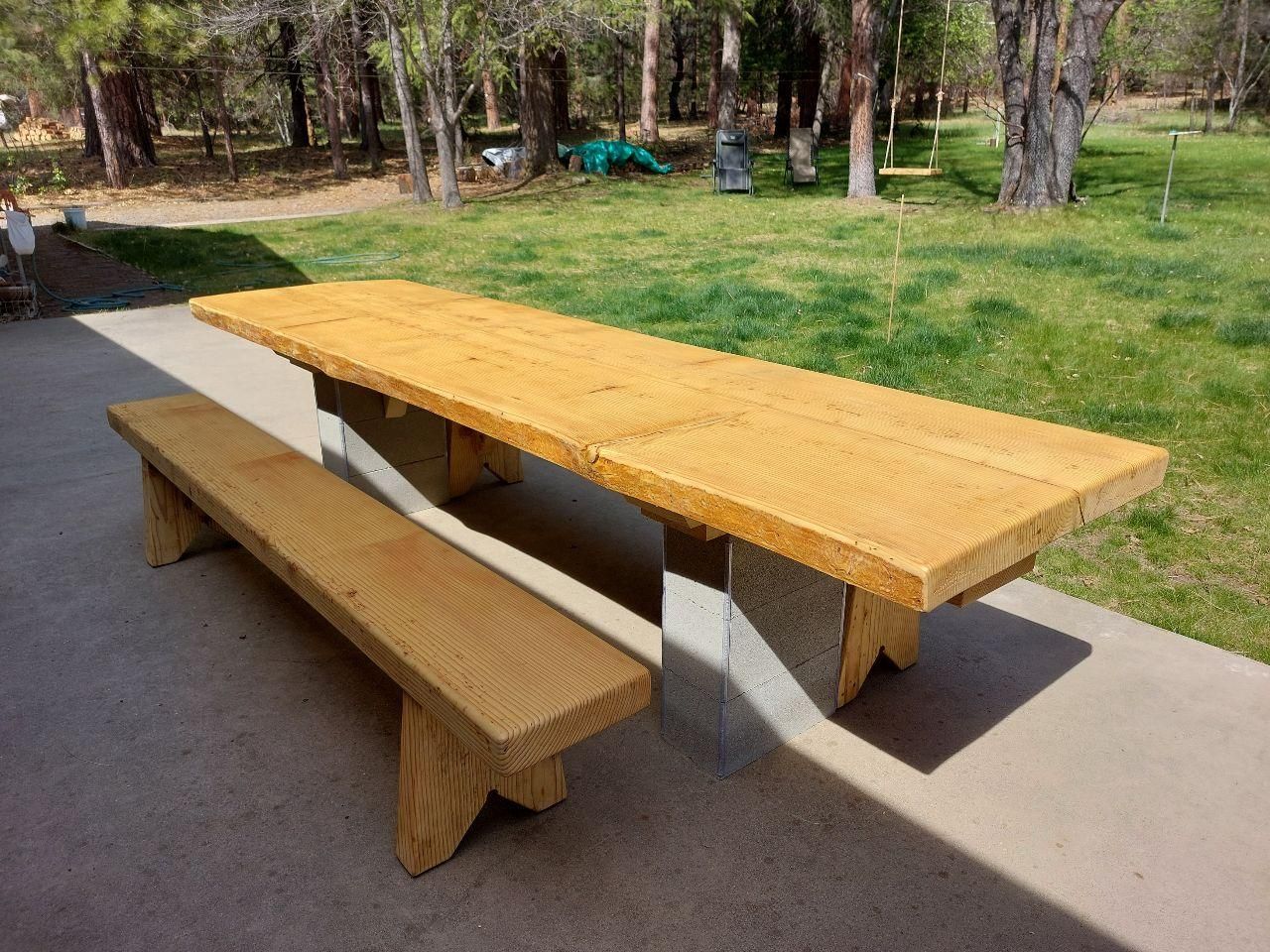 Patio Table With Cinder Block Legs and Beeswax Finish (Benches Included ...