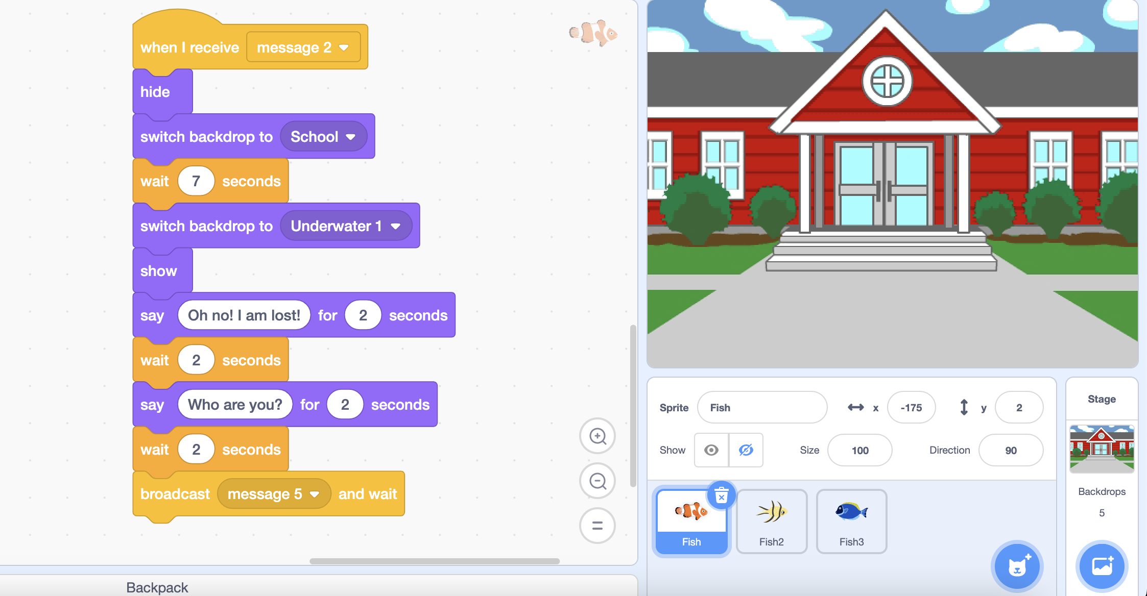 How to Make a Short Story in Scratch- THE STORY OF THE LOST FISH. : 10 ...