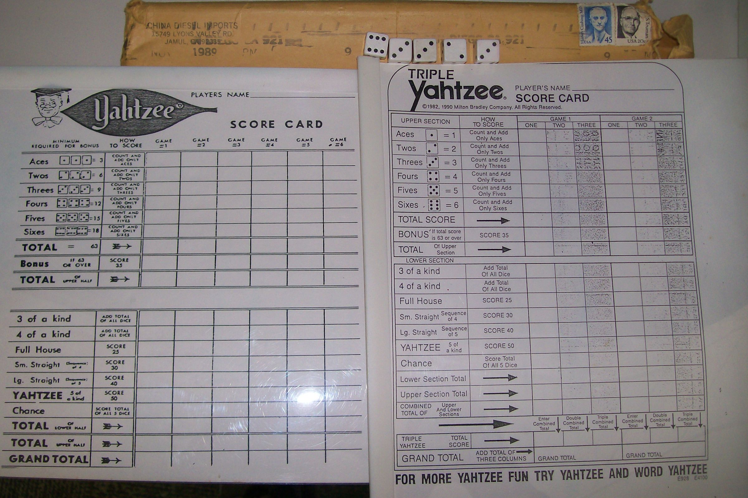 Triple Yahtzee Score Card Printable