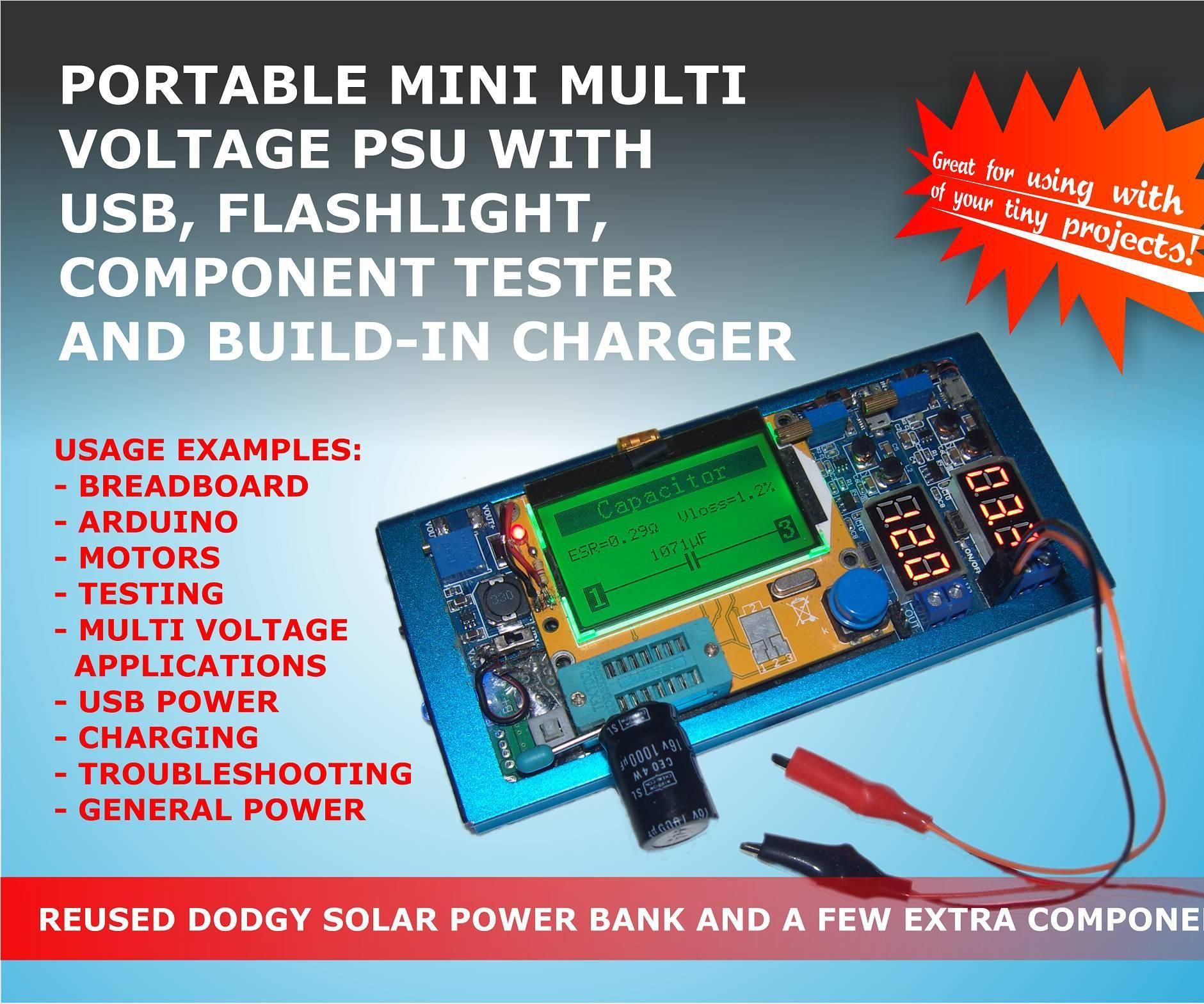 PORTABLE MINI MULTI VOLTAGE PSU WITH USB, FLASHLIGHT, COMPONENT TESTER ...