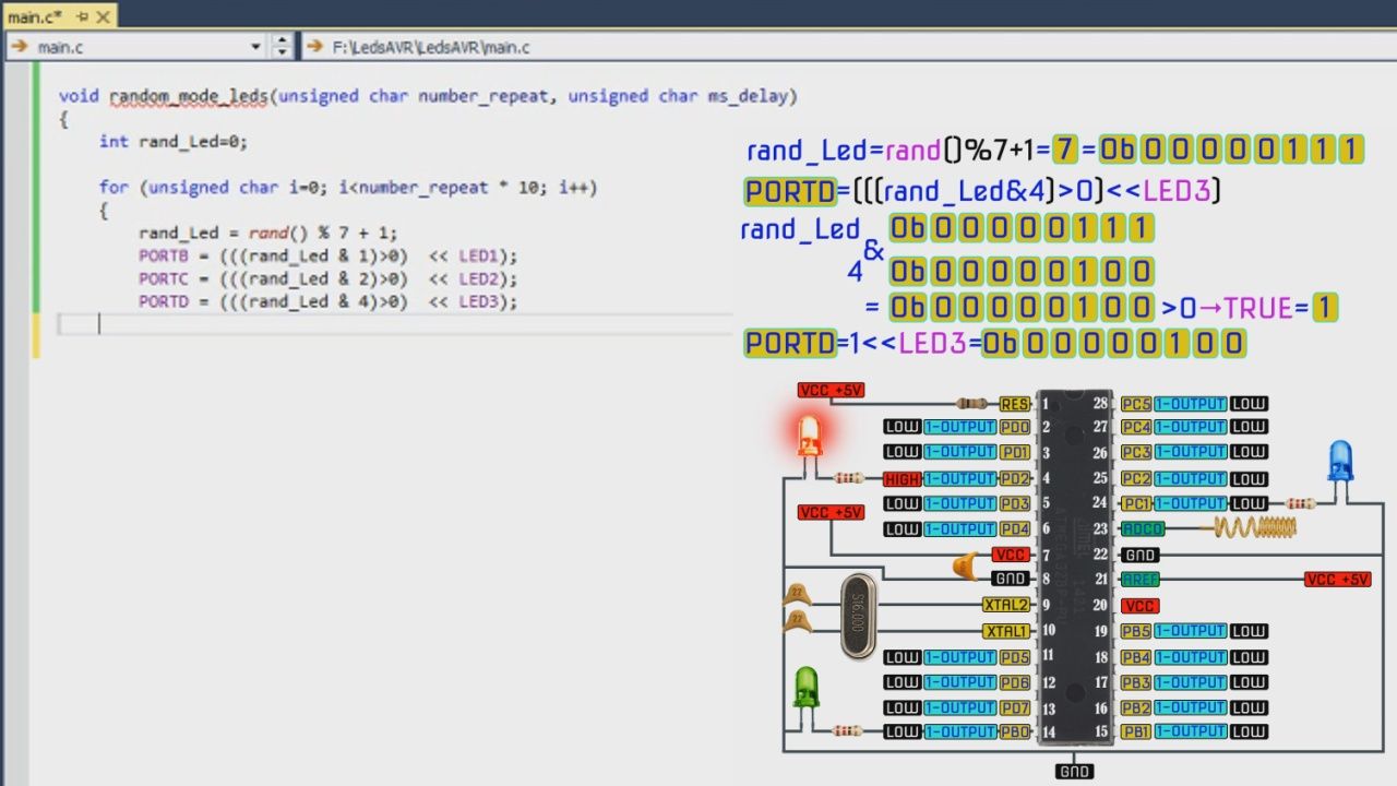 AVR Microcontroller. LEDs Blinking in "serial", "parallel" and "random ...