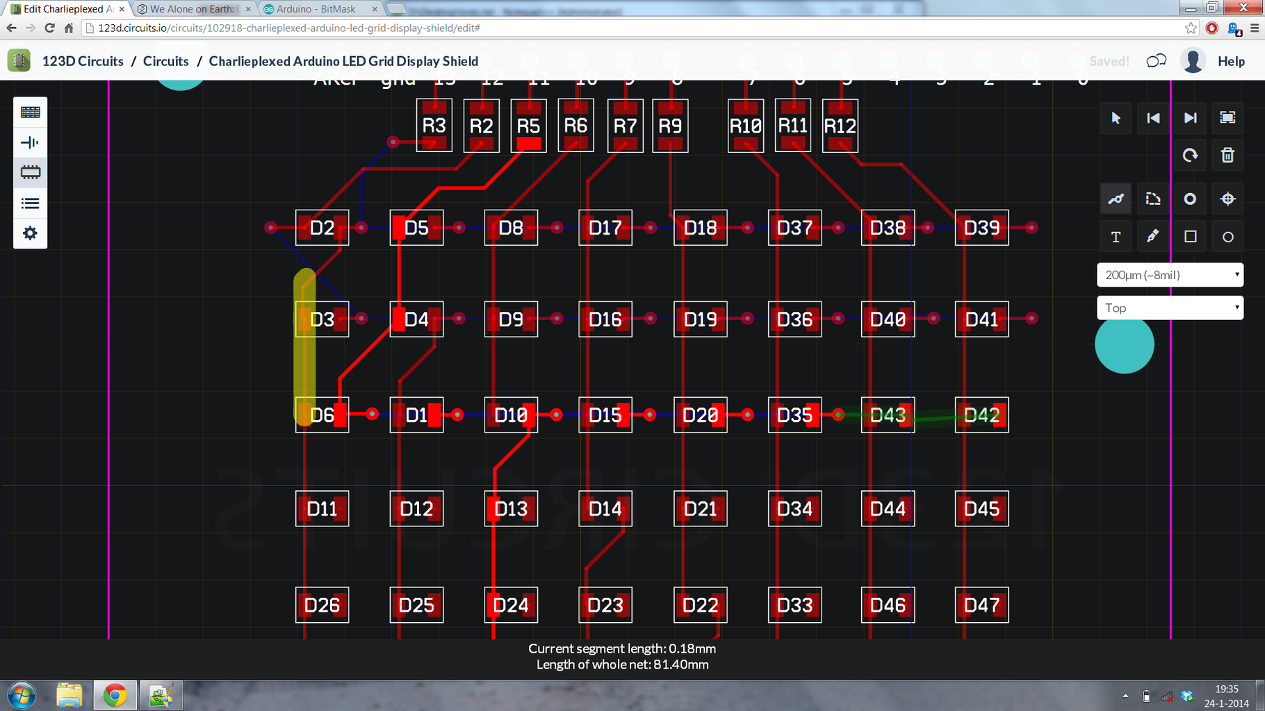 Charlieplexed Arduino 8x8 Led Grid Display Shield Made And Simulated In 123d Circuits 4 Steps