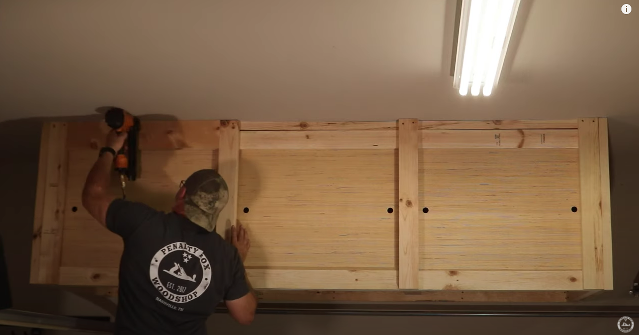 DIY Hanging Storage Shelves With Sliding Doors - Overhead Garage ...