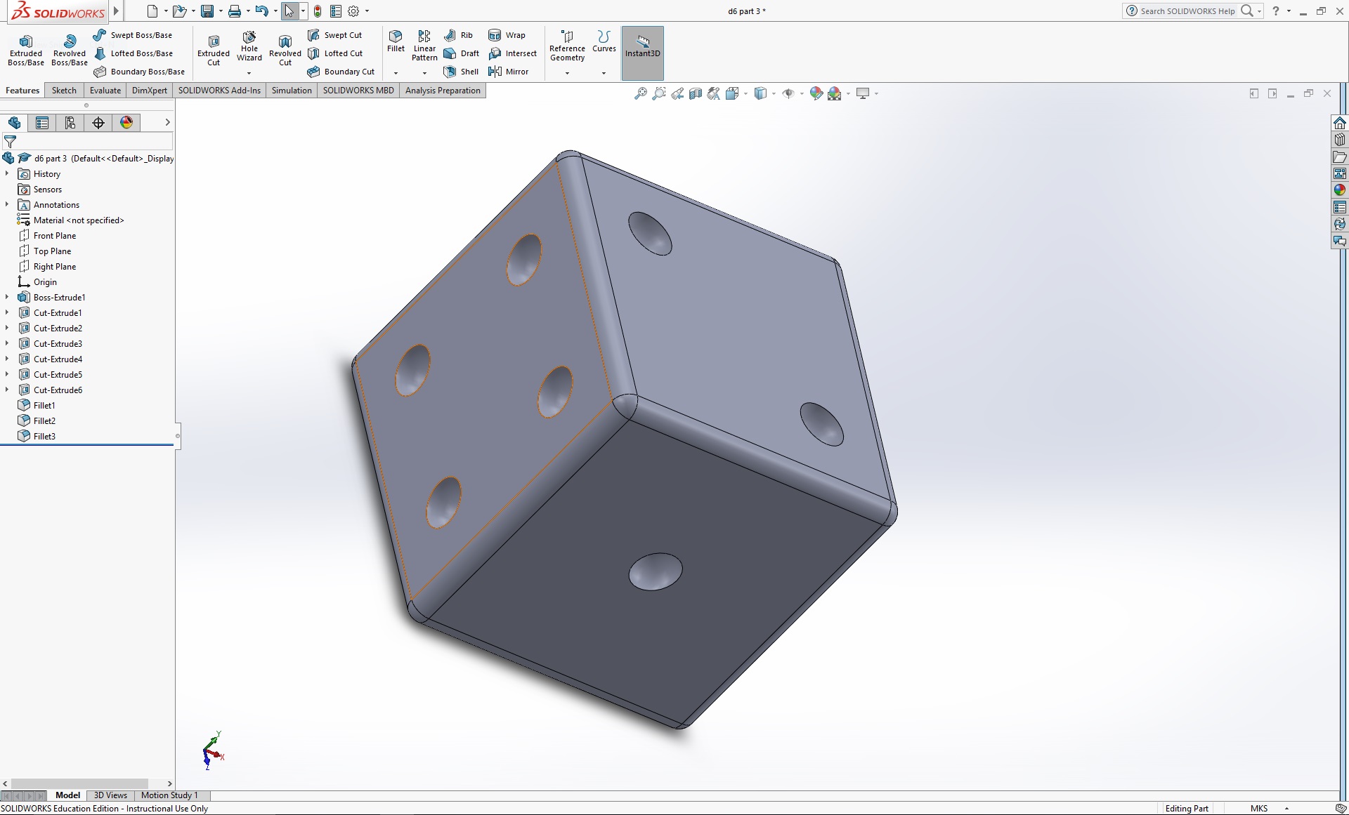 Learning a Few Basic Functions of SOLIDWORKS: Making a Six Sided Dice ...