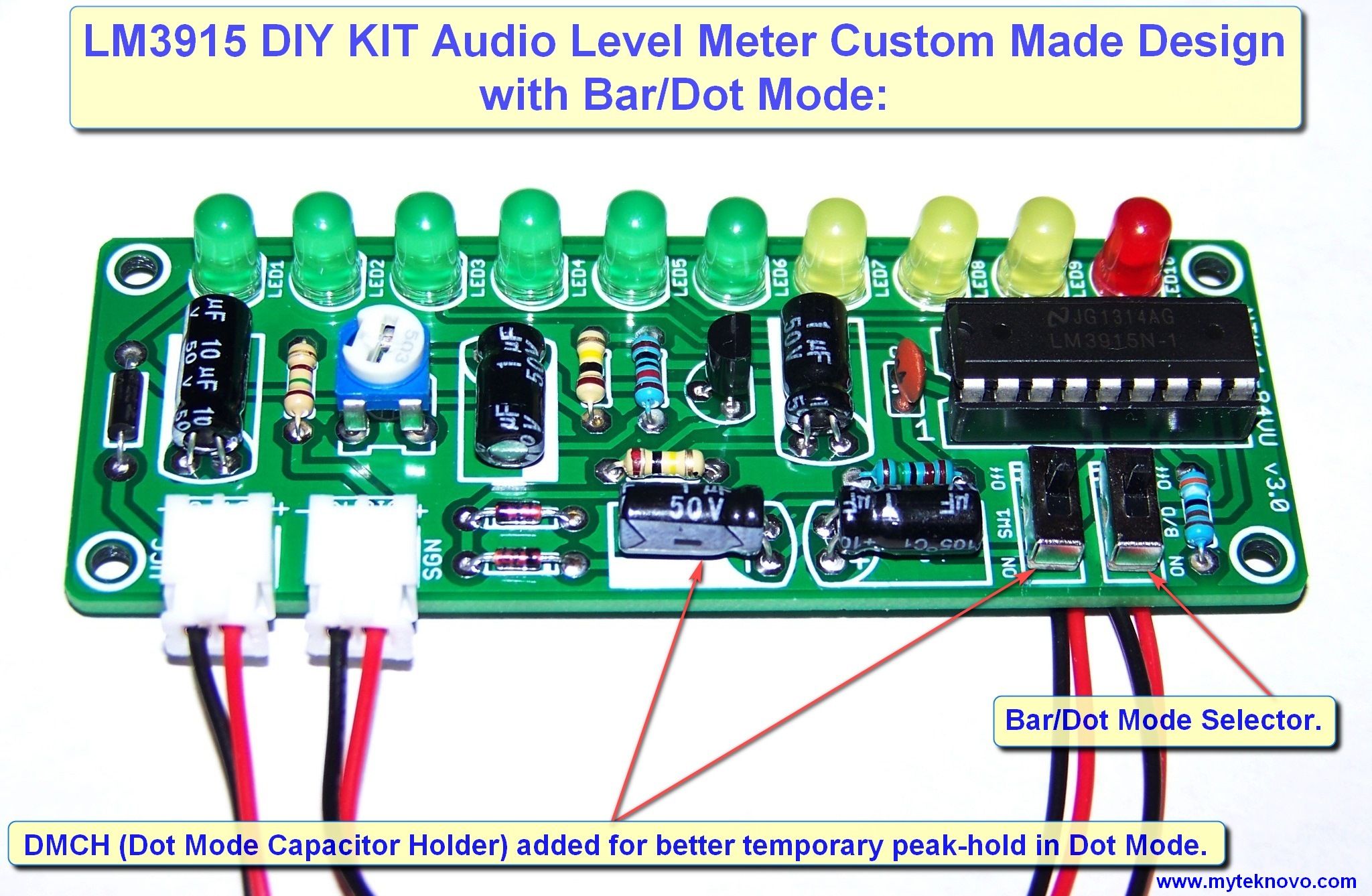LM3915 DIY KIT Audio Sound LED VU Level Meter V3.0 Custom PCB ...