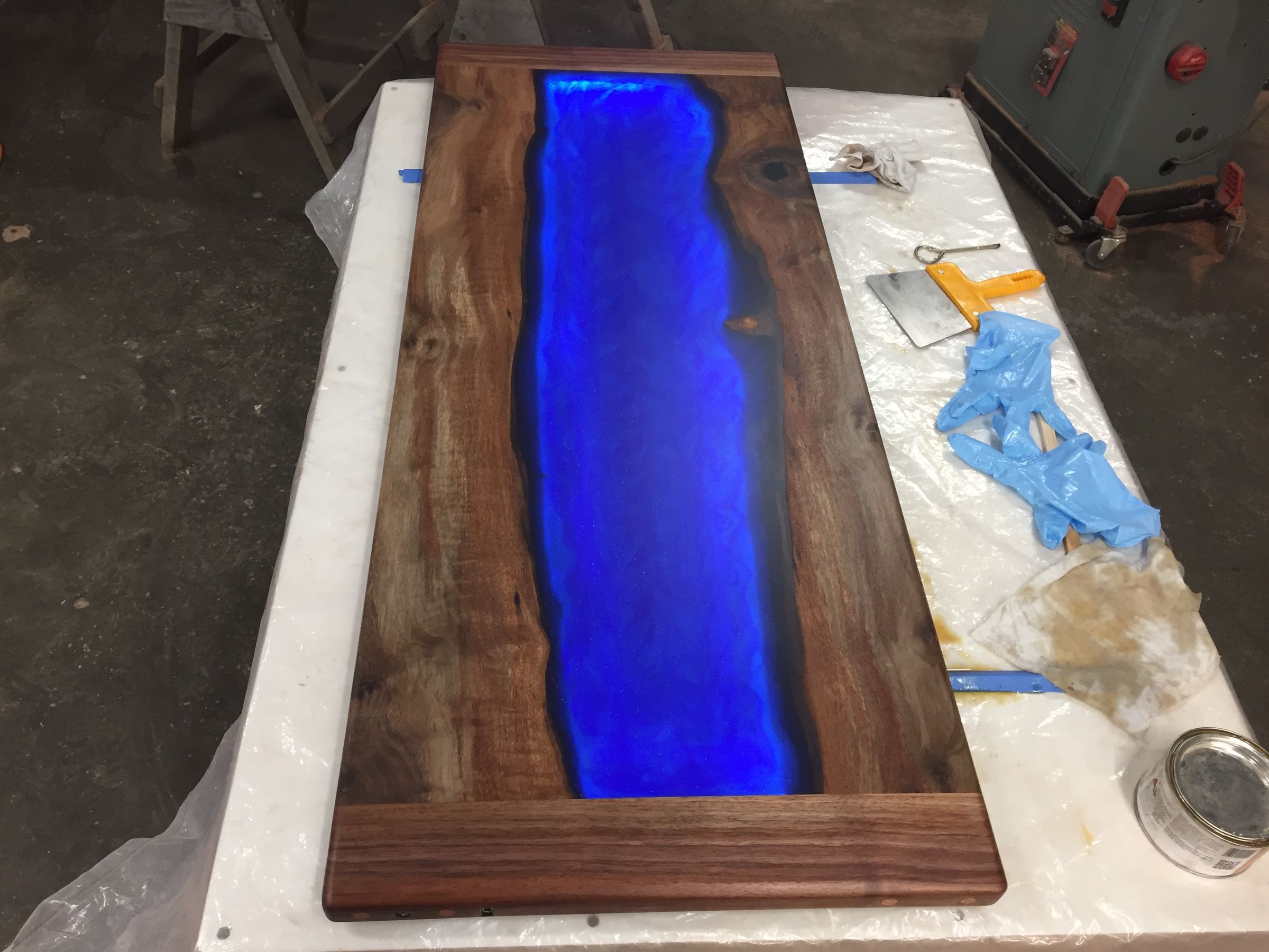 LED Lit Walnut and Resin-River Coffee Table That Charges Your Phone ...