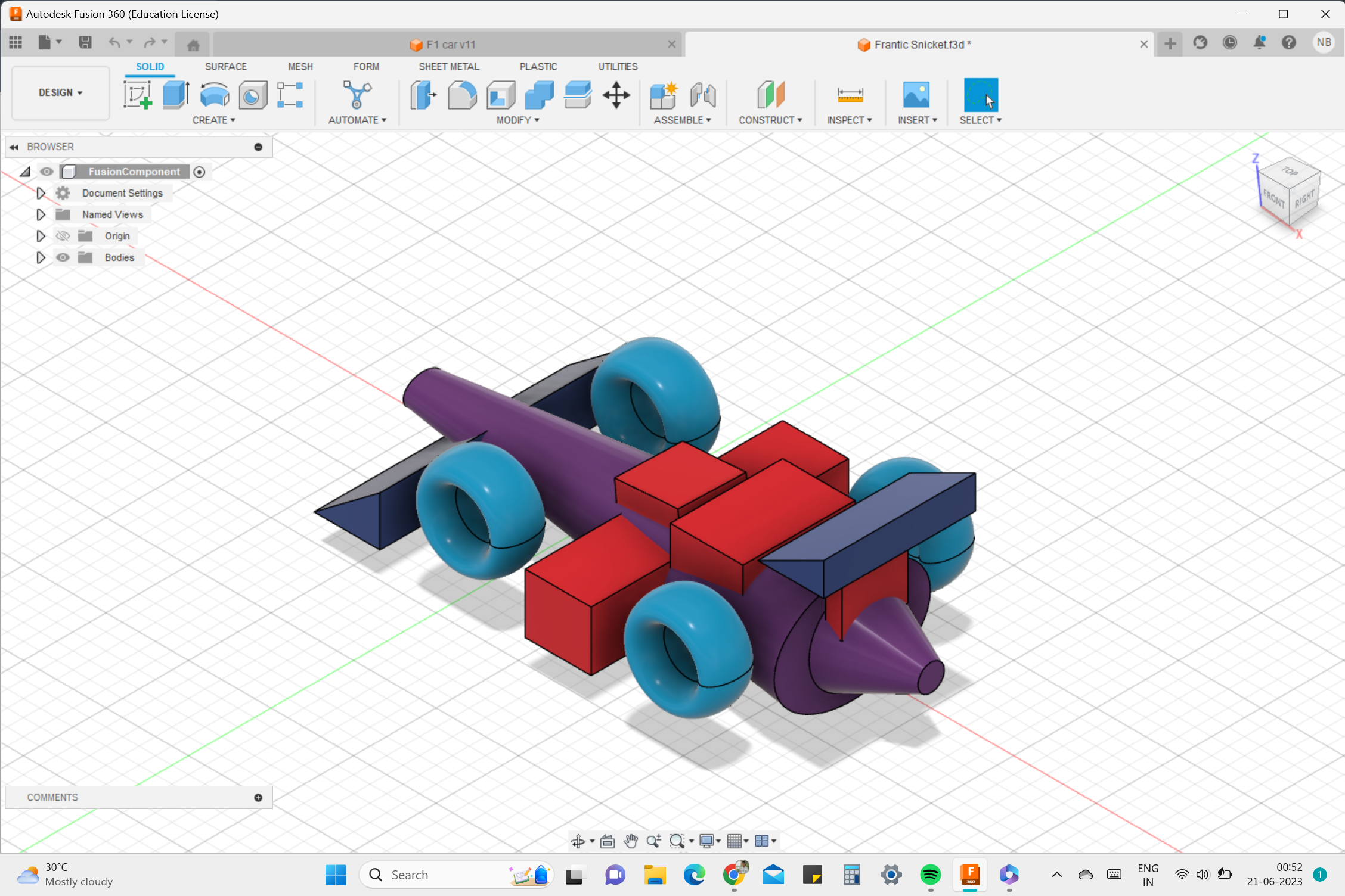 A F1 Car (Formula One) Model in Autodesk Fusion 360 Sent From Tinkercad for 3D Printing ...