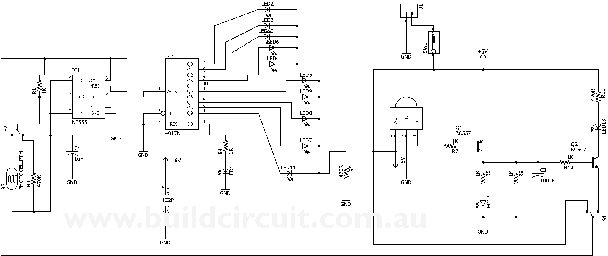 NE555 and CD4017 Based LED Chaser With Photoresistor and Infrared ...