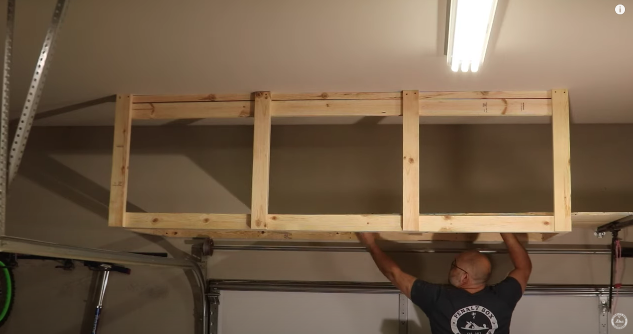 DIY Hanging Storage Shelves With Sliding Doors - Overhead Garage ...