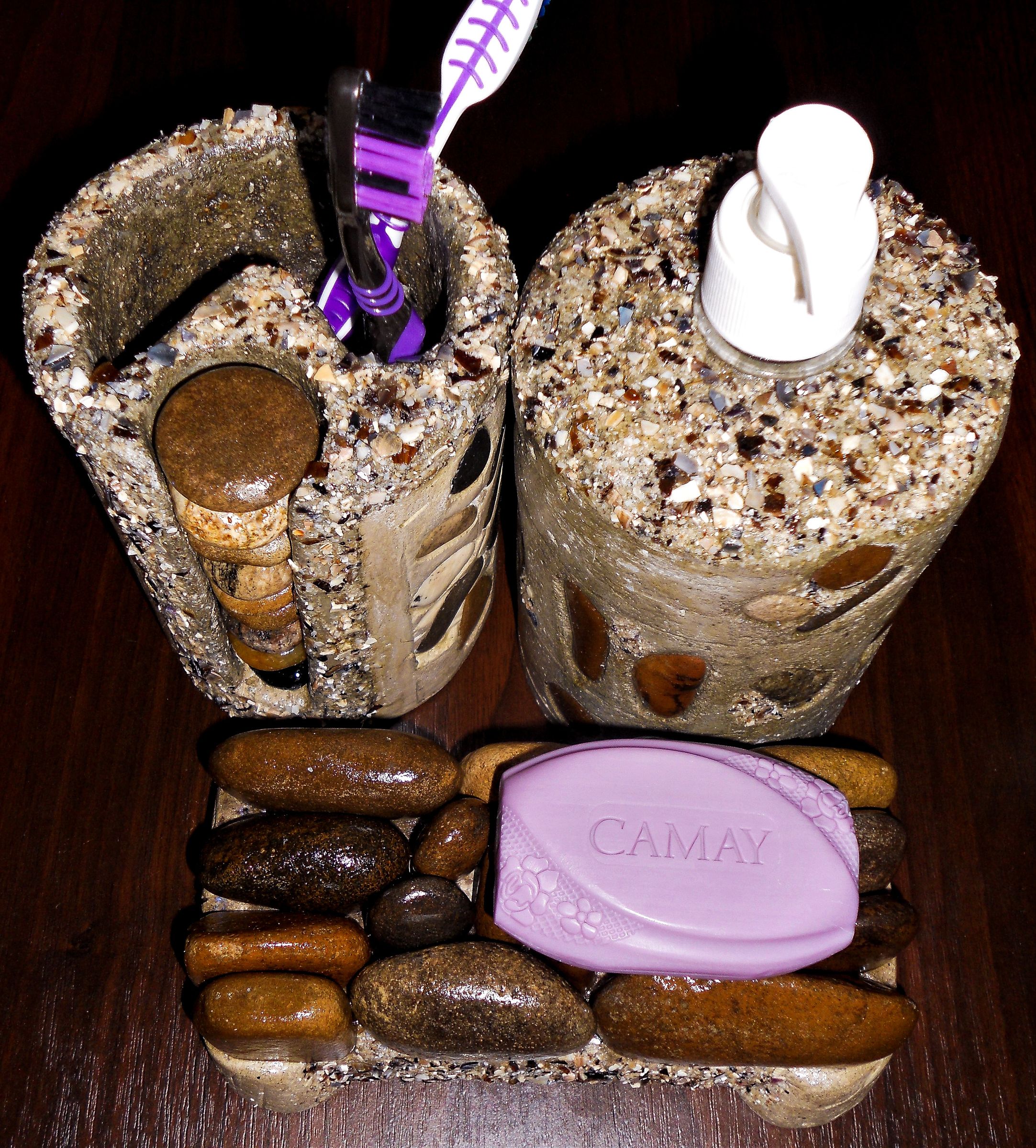 Concrete & Pebble Bath Set: Toothbrush Stand, Soap Stand, Soap ...