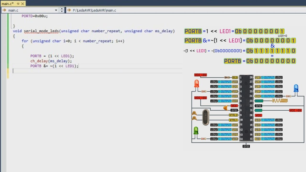 AVR Microcontroller. LEDs Blinking in "serial", "parallel" and "random ...