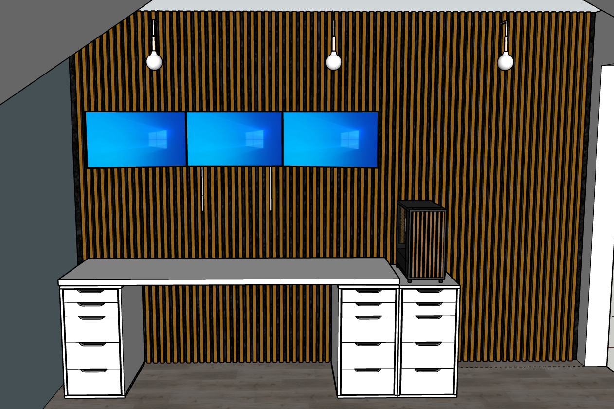 Home Office Slat Wall With Motorised Tripple Monitor Lift and Desk With ...
