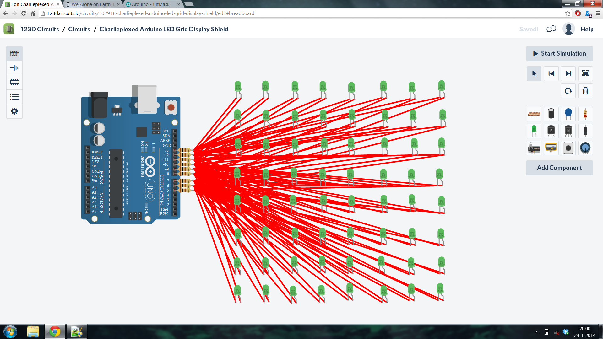 Charlieplexed Arduino 8x8 LED Grid Display Shield Made and Simulated in 123D Circuits : 4 Steps ...