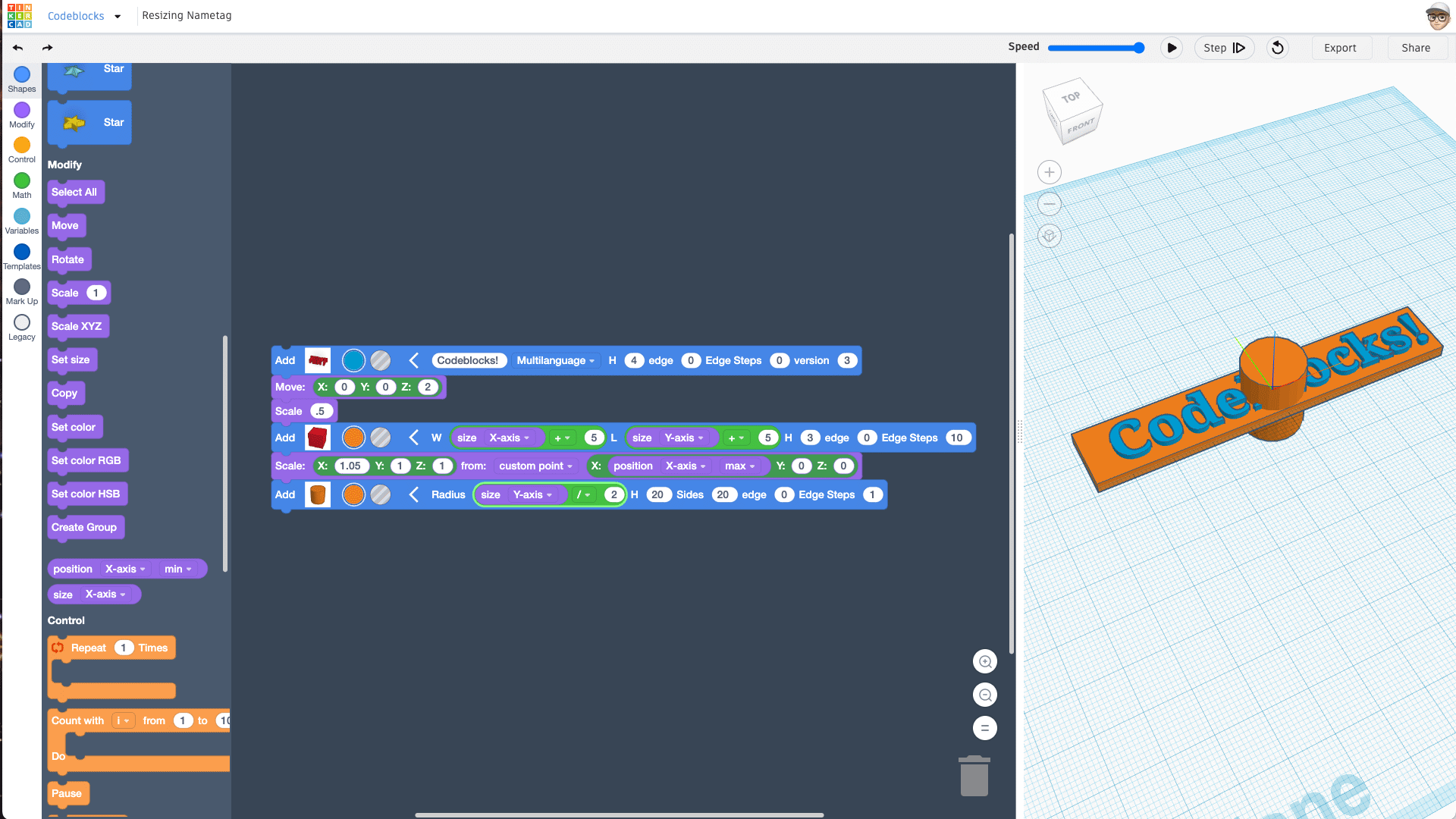 Tinkercad Codeblocks: Resizing Nametag : 11 Steps (with Pictures ...