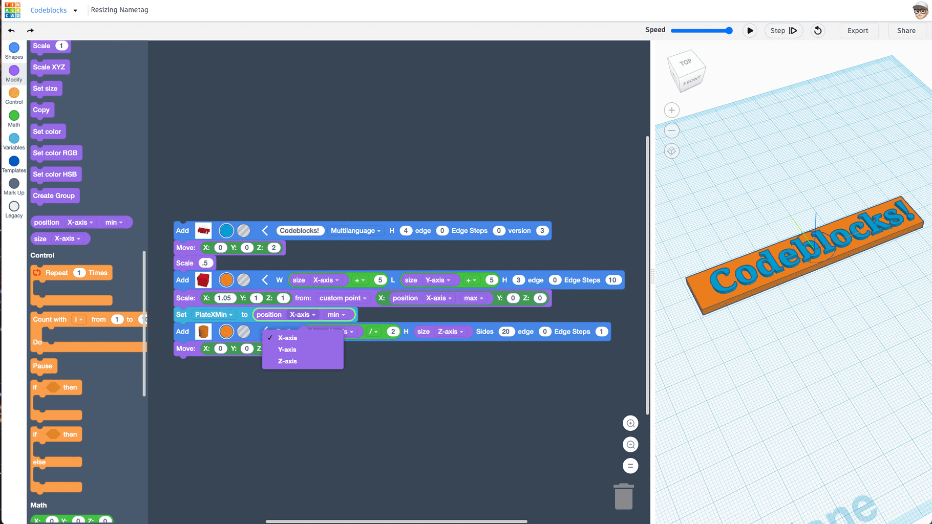 Tinkercad Codeblocks Resizing Nametag 11 Steps With Pictures Instructables