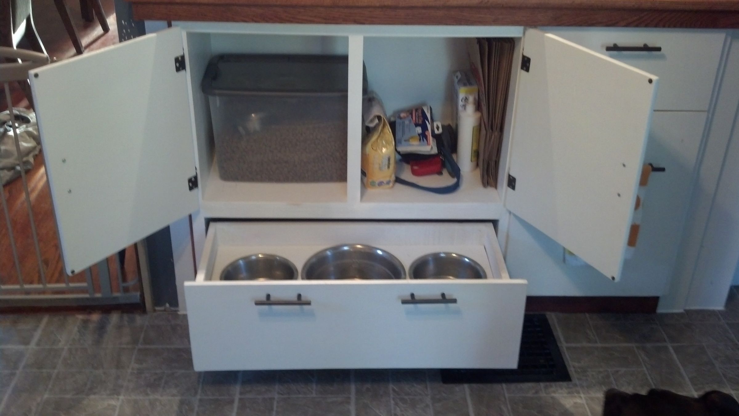 Oak Top Kitchen Bar With Pet Feeder Drawer and Roll Out Trashcan : 8 ...