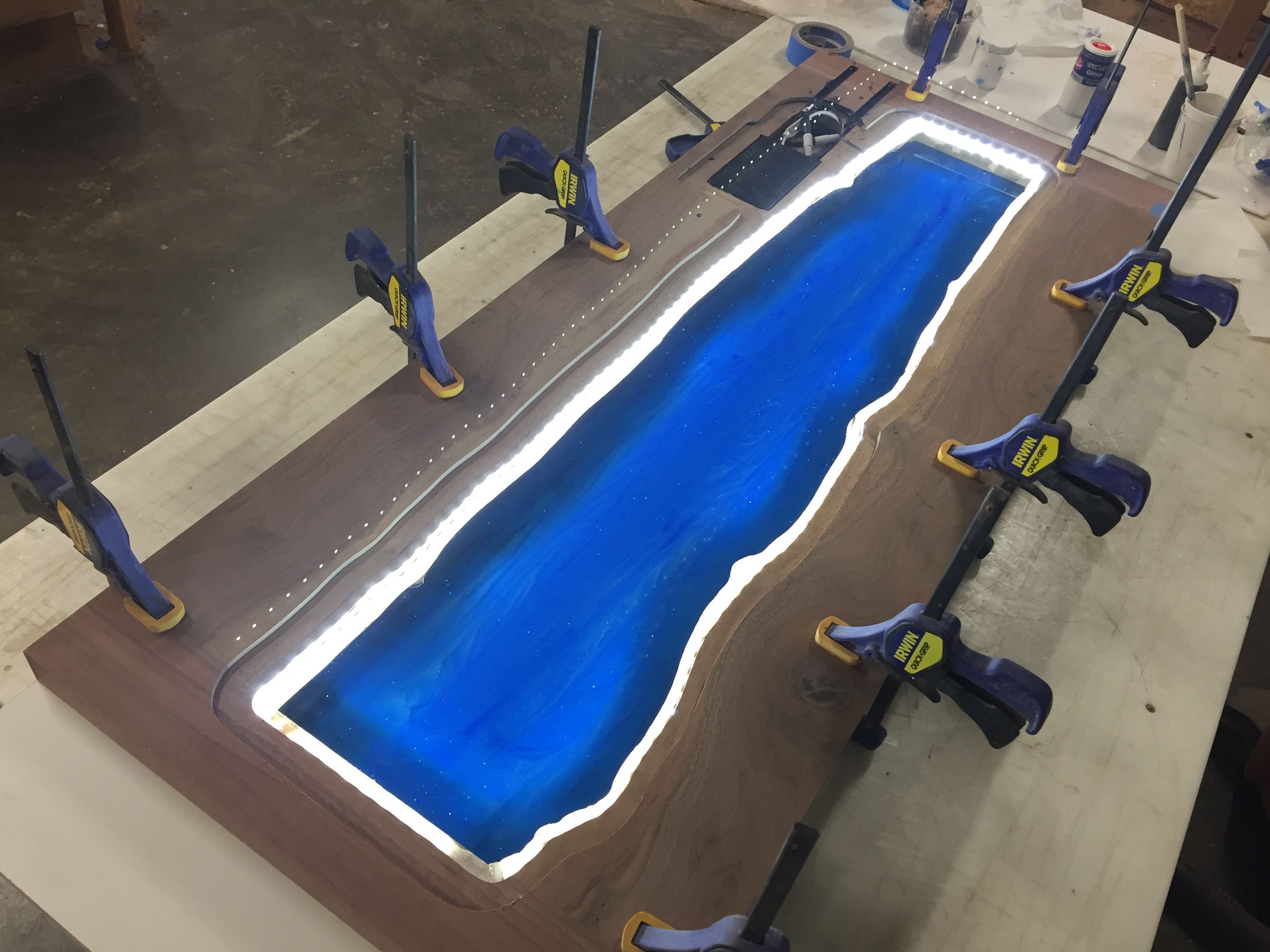 LED Lit Walnut and Resin-River Coffee Table That Charges Your Phone ...