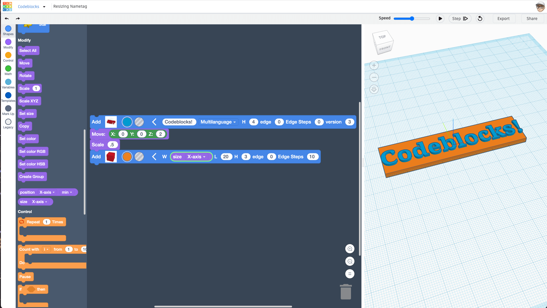 Tinkercad Codeblocks: Resizing Nametag : 11 Steps (with Pictures ...