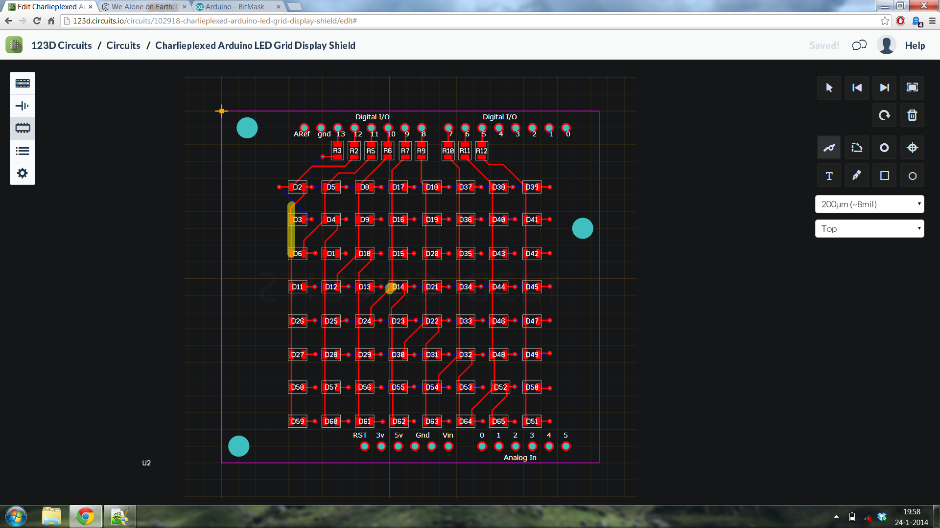 Charlieplexed Arduino 8x8 LED Grid Display Shield Made and Simulated in 123D Circuits : 4 Steps ...