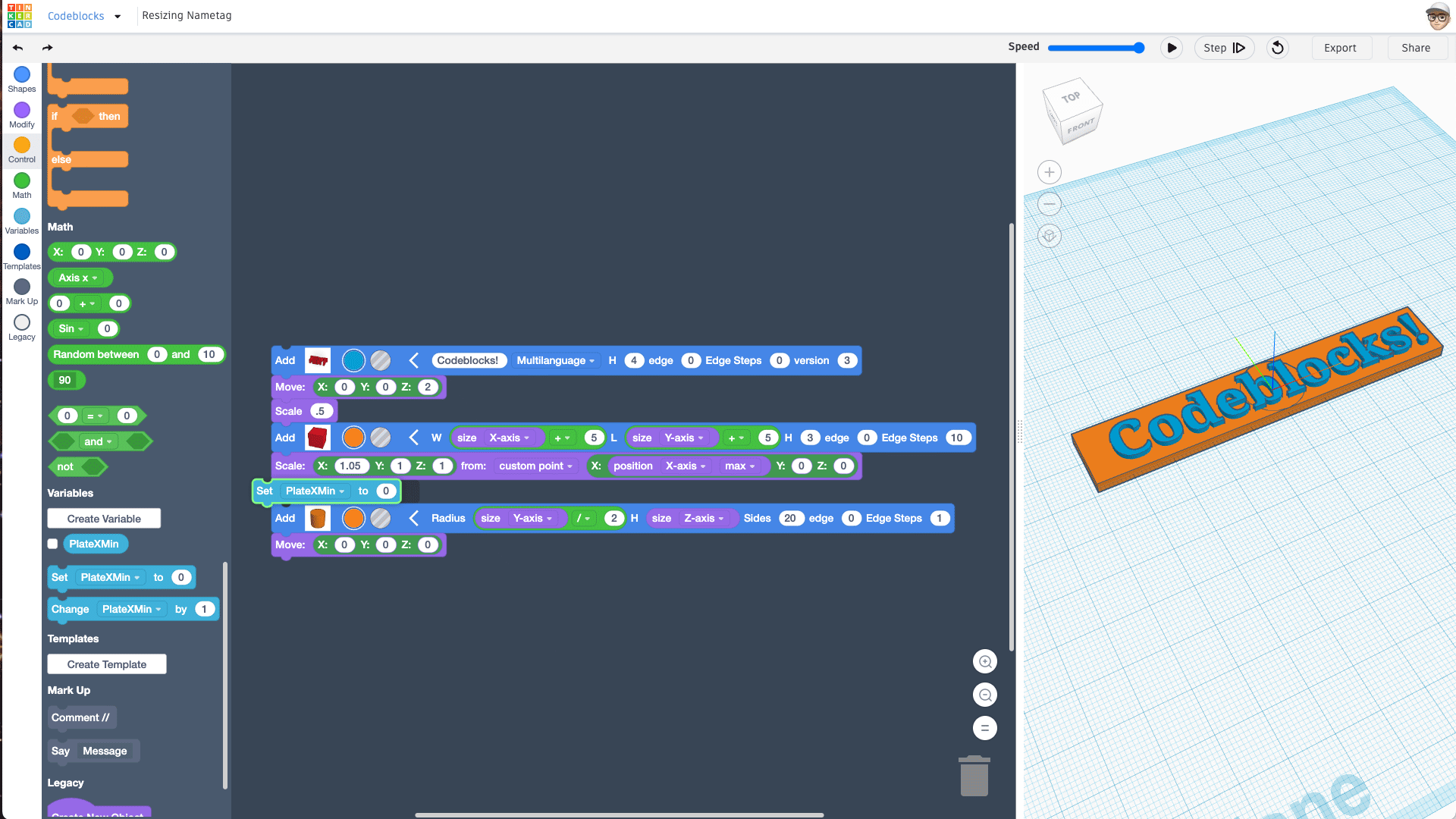 Tinkercad Codeblocks: Resizing Nametag : 11 Steps (with Pictures) - Instructables