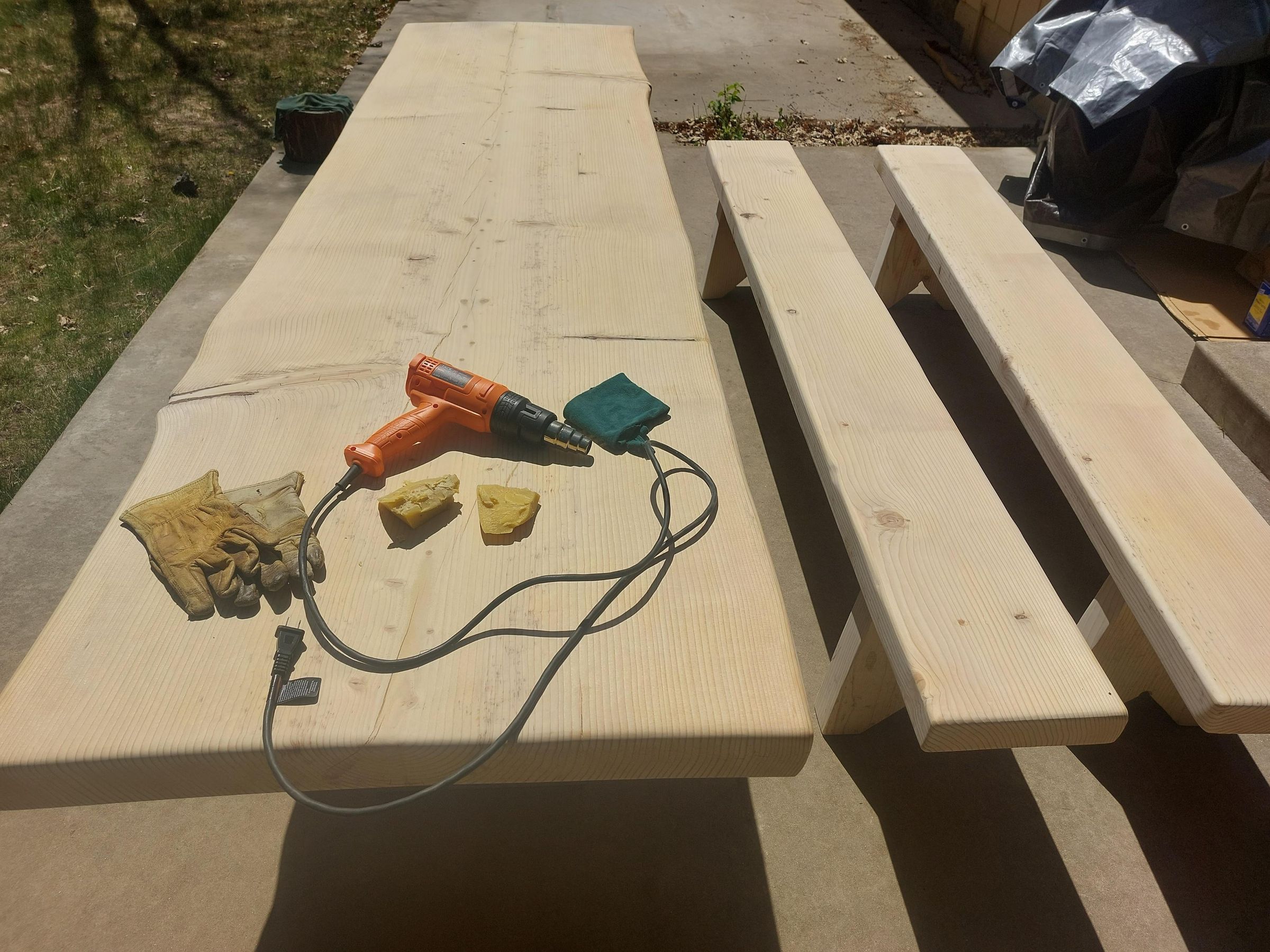 Patio Table With Cinder Block Legs and Beeswax Finish (Benches Included ...