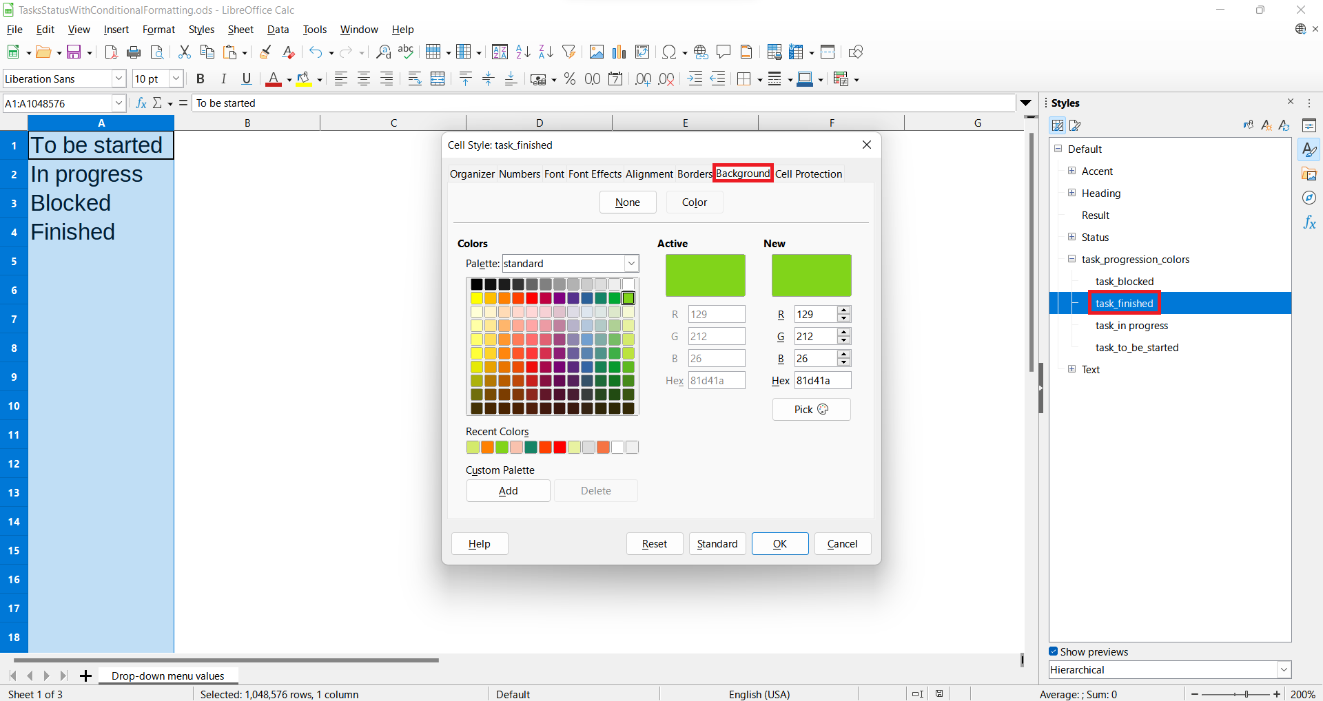 LibreOffice Calc: Drop-down Menu for Task Progression Values With ...