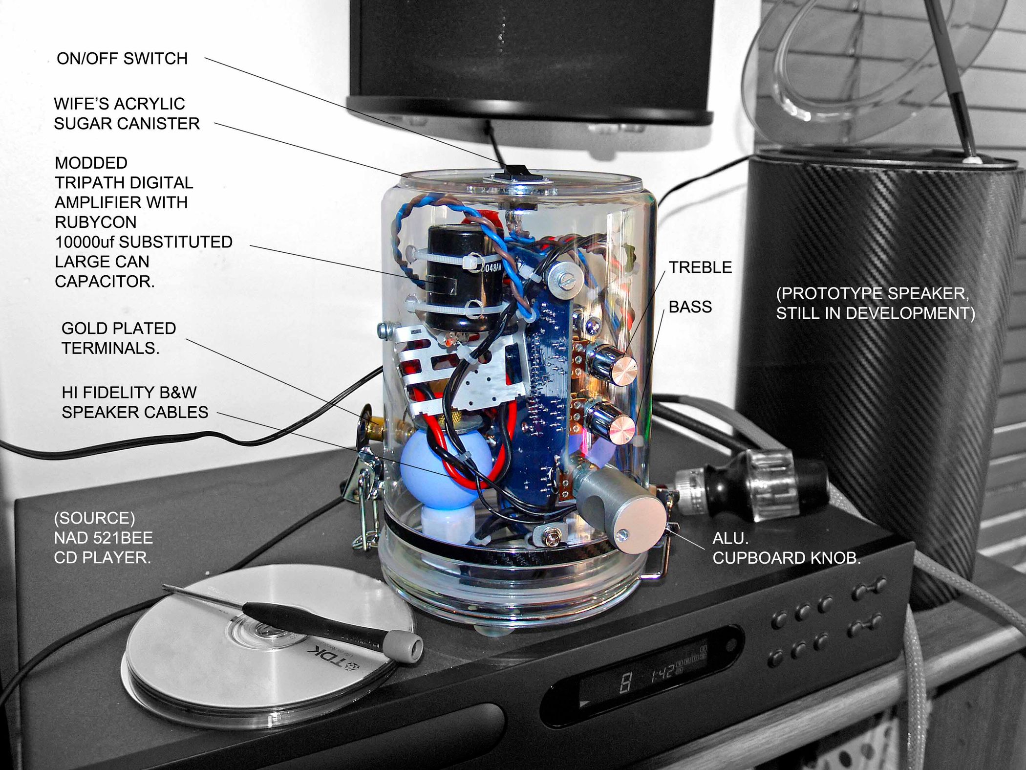 HOME MADE TRIPATH STEREO AMPLIFIER IN AN ACRYLIC SUGAR JAR! - Instructables
