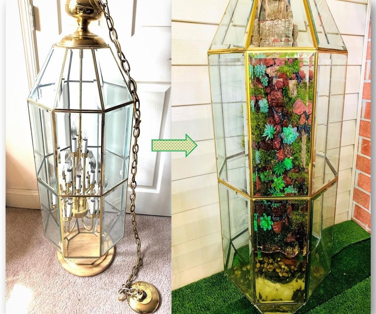 Repurposed Glass Chandelier Into Live Moss Drip Wall and Faux Terrarium ...