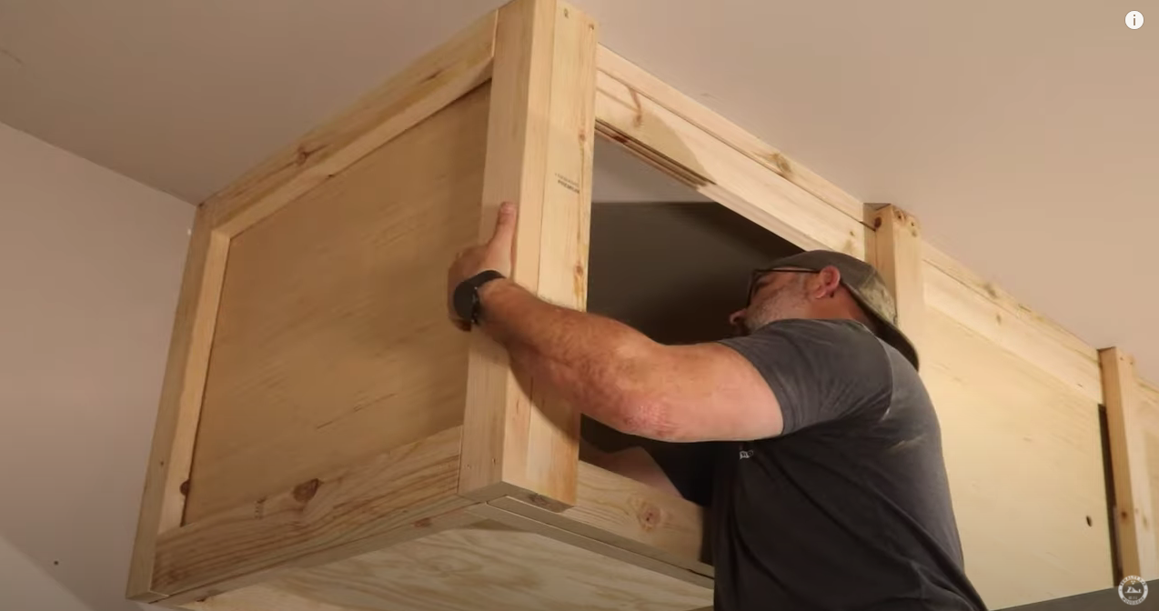 DIY Hanging Storage Shelves With Sliding Doors - Overhead Garage ...