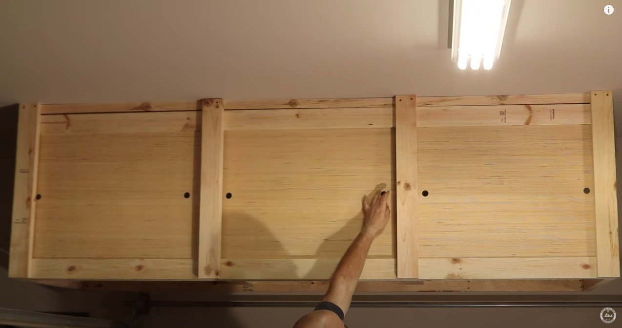 DIY Hanging Storage Shelves With Sliding Doors - Overhead Garage ...