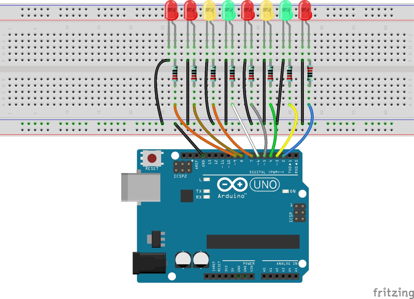 Flowing Led Lights With Arduino Uno R3 6 Steps Instructables 8473