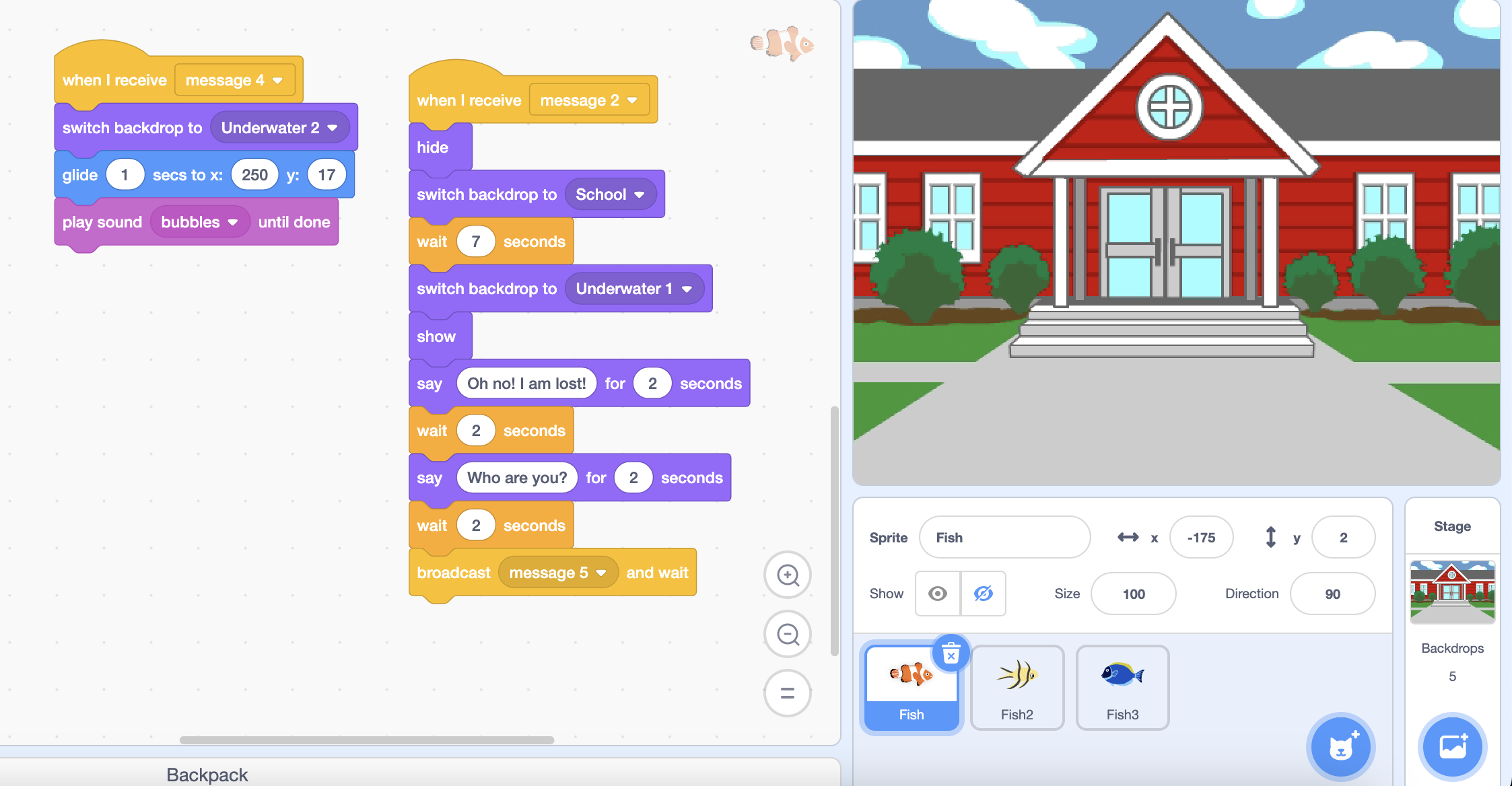 How to Make a Short Story in Scratch- THE STORY OF THE LOST FISH. : 10 ...