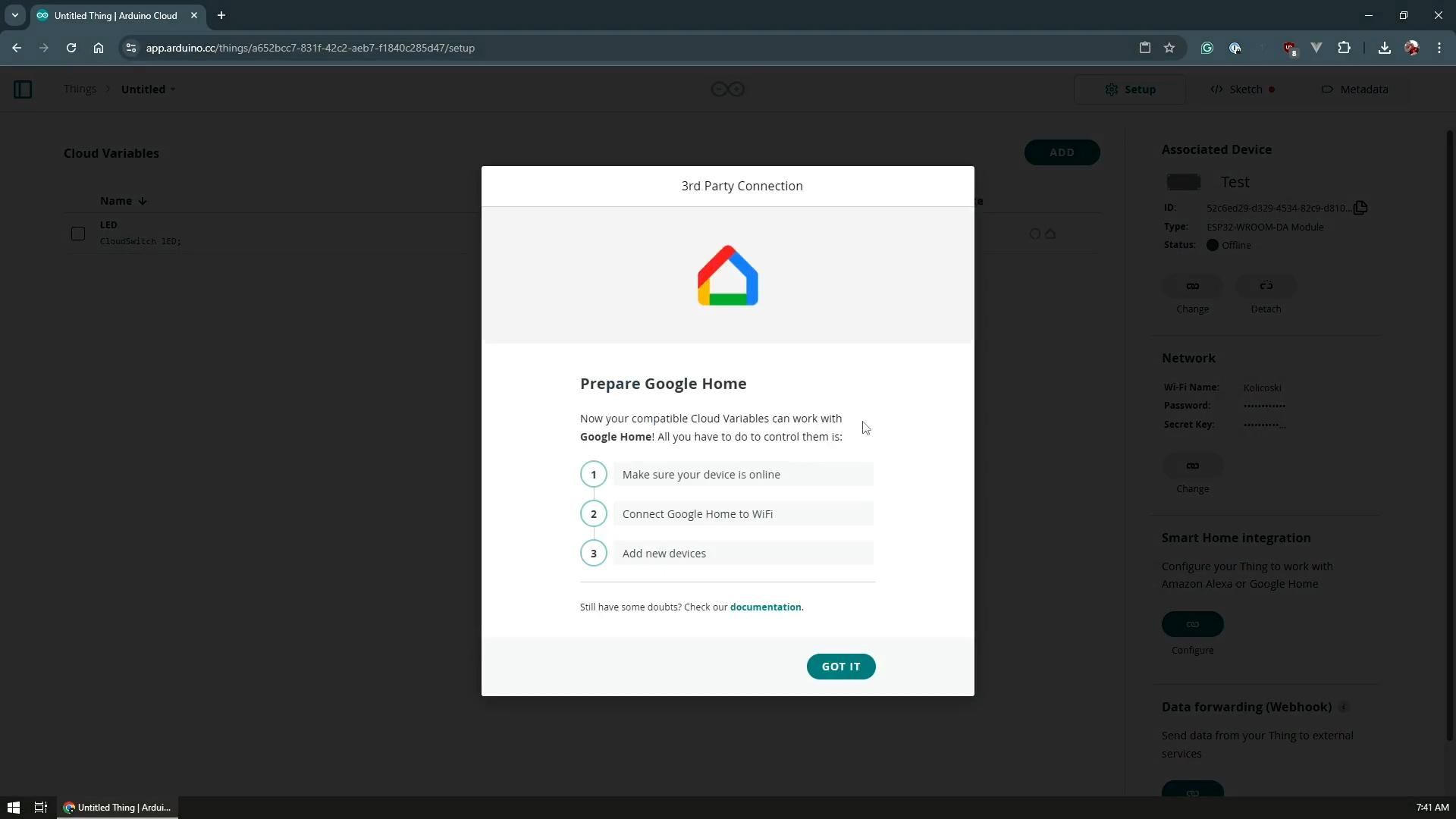 Voice Controlled LED With ESP32, Arduino Cloud and Google Assistant : 4 ...