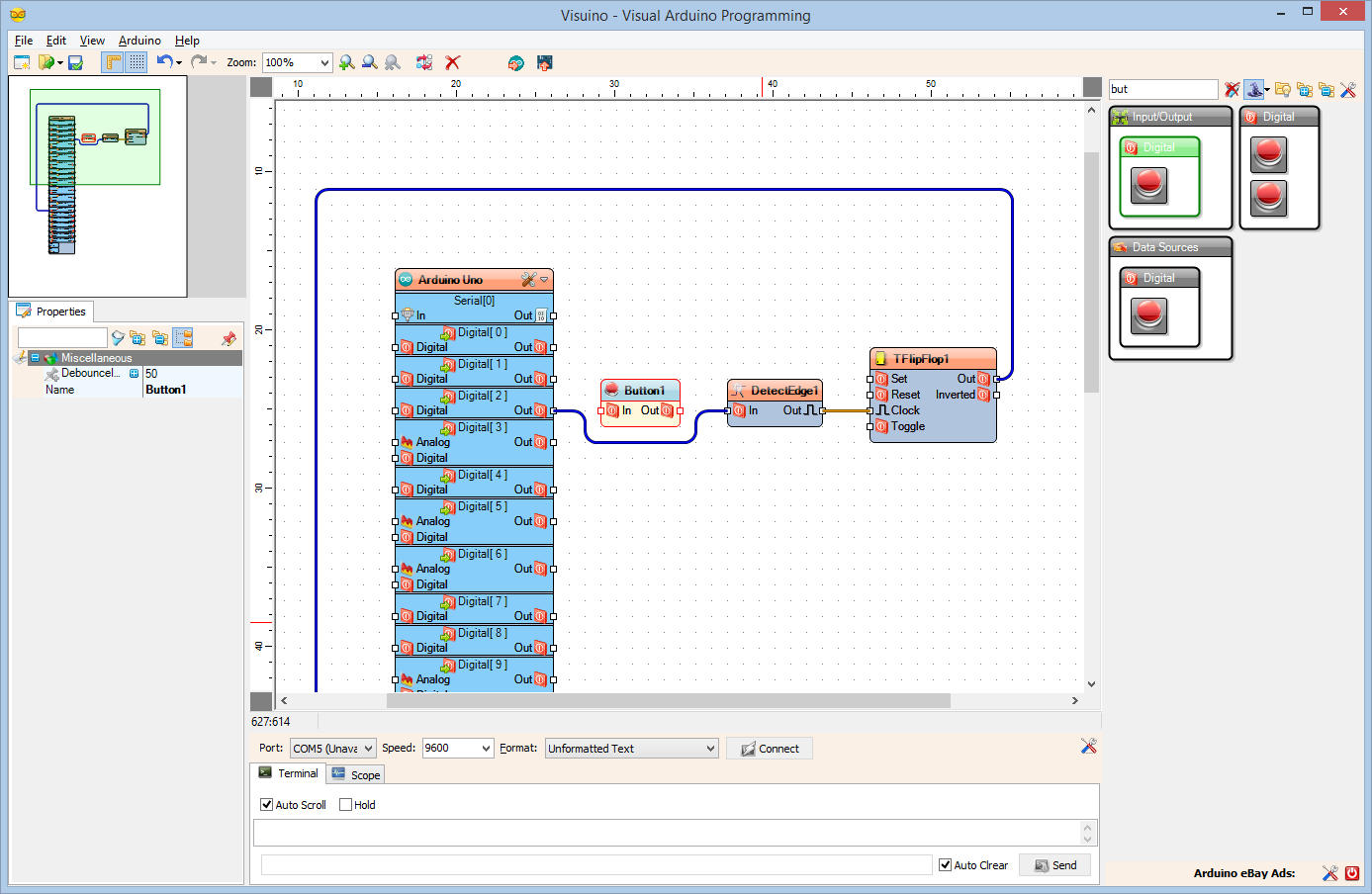Arduino Nano: Debouncing, and Toggle Button With Visuino : 10 Steps ...