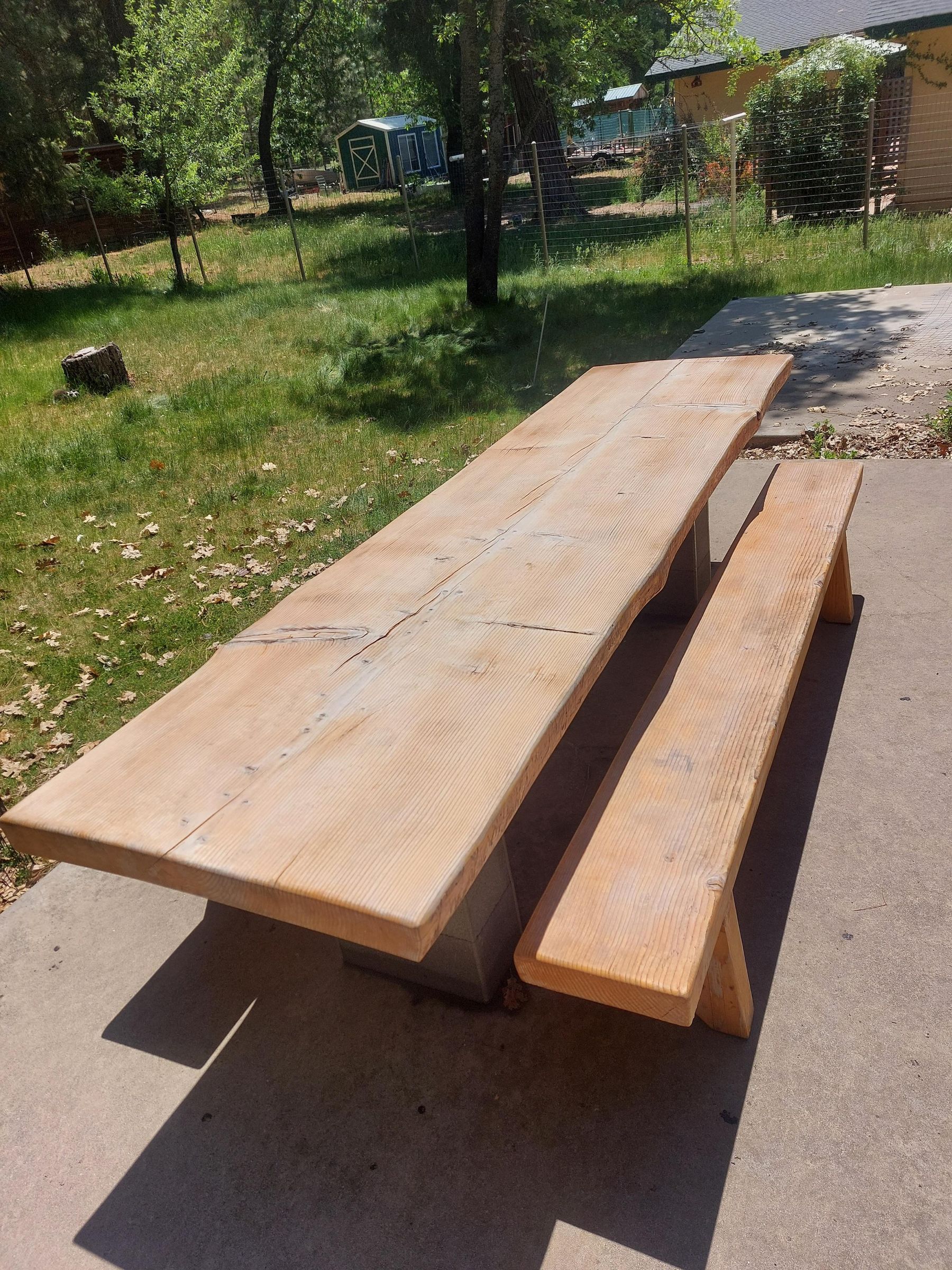Patio Table With Cinder Block Legs and Beeswax Finish (Benches Included ...