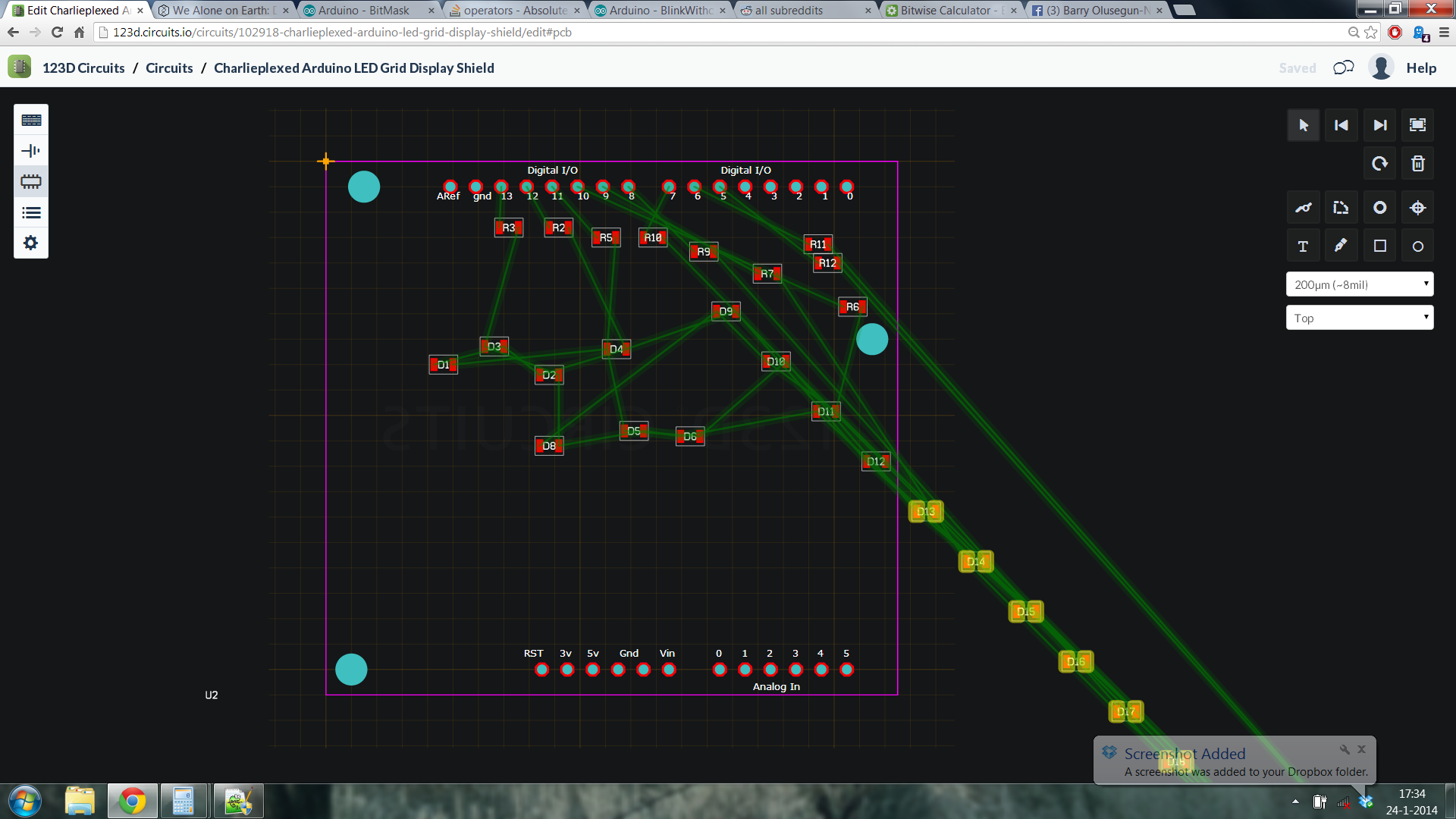 Charlieplexed Arduino 8x8 LED Grid Display Shield Made and Simulated in 123D Circuits : 4 Steps ...