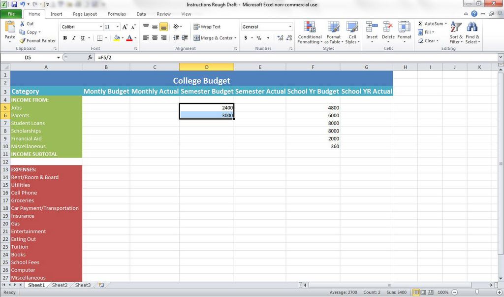 Excel College Budget Template
