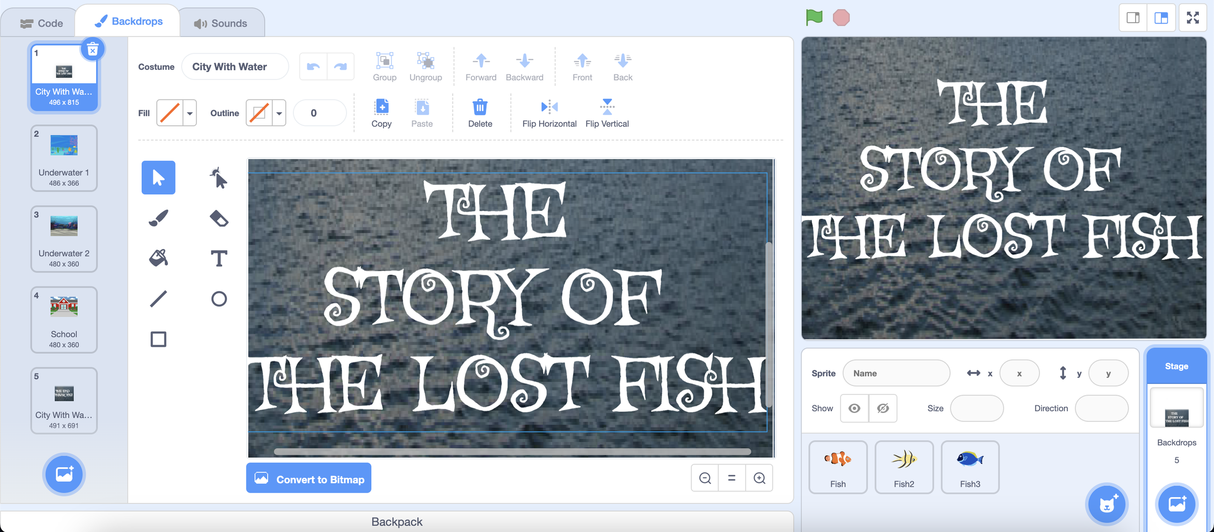 How to Make a Short Story in Scratch- THE STORY OF THE LOST FISH. : 10 ...