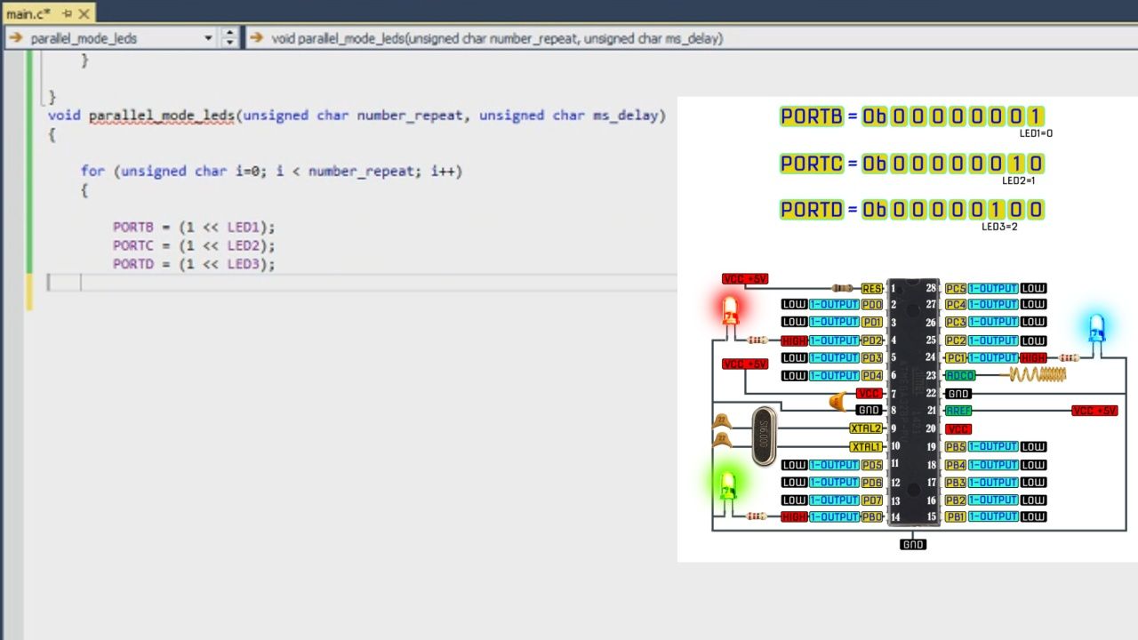 AVR Microcontroller. LEDs Blinking in "serial", "parallel" and "random ...