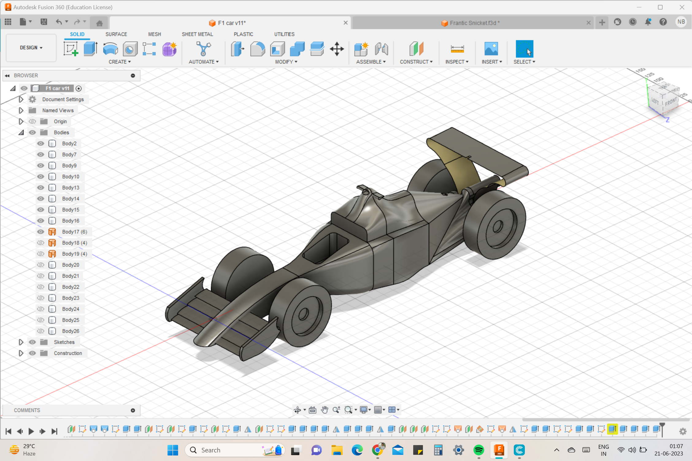 A F1 Car (Formula One) Model in Autodesk Fusion 360 Sent From Tinkercad for 3D Printing ...