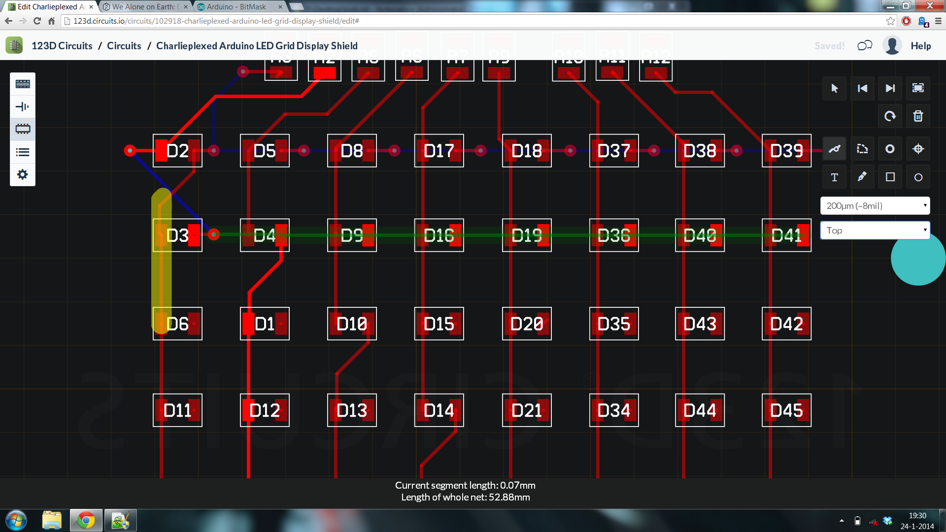 Charlieplexed Arduino 8x8 LED Grid Display Shield Made and Simulated in 123D Circuits : 4 Steps ...