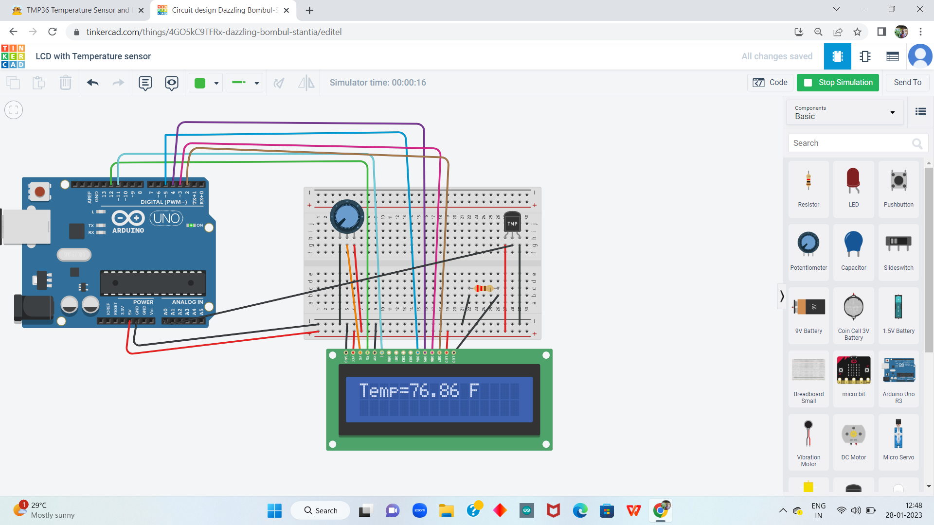 TMP36 Temperature Sensor and LCD Display Using Arduino (Tinkercad) : 7 ...