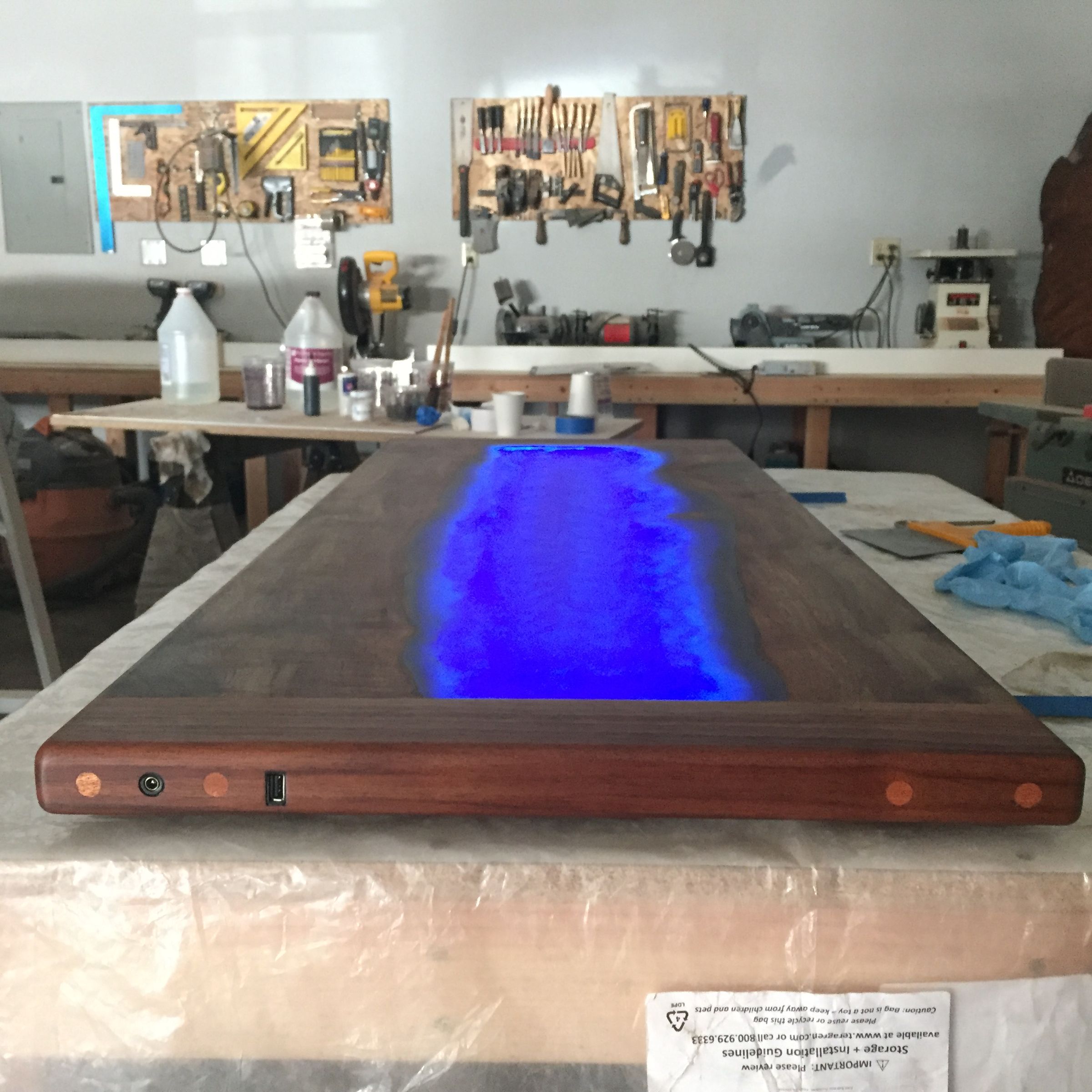 LED Lit Walnut and Resin-River Coffee Table That Charges Your Phone ...
