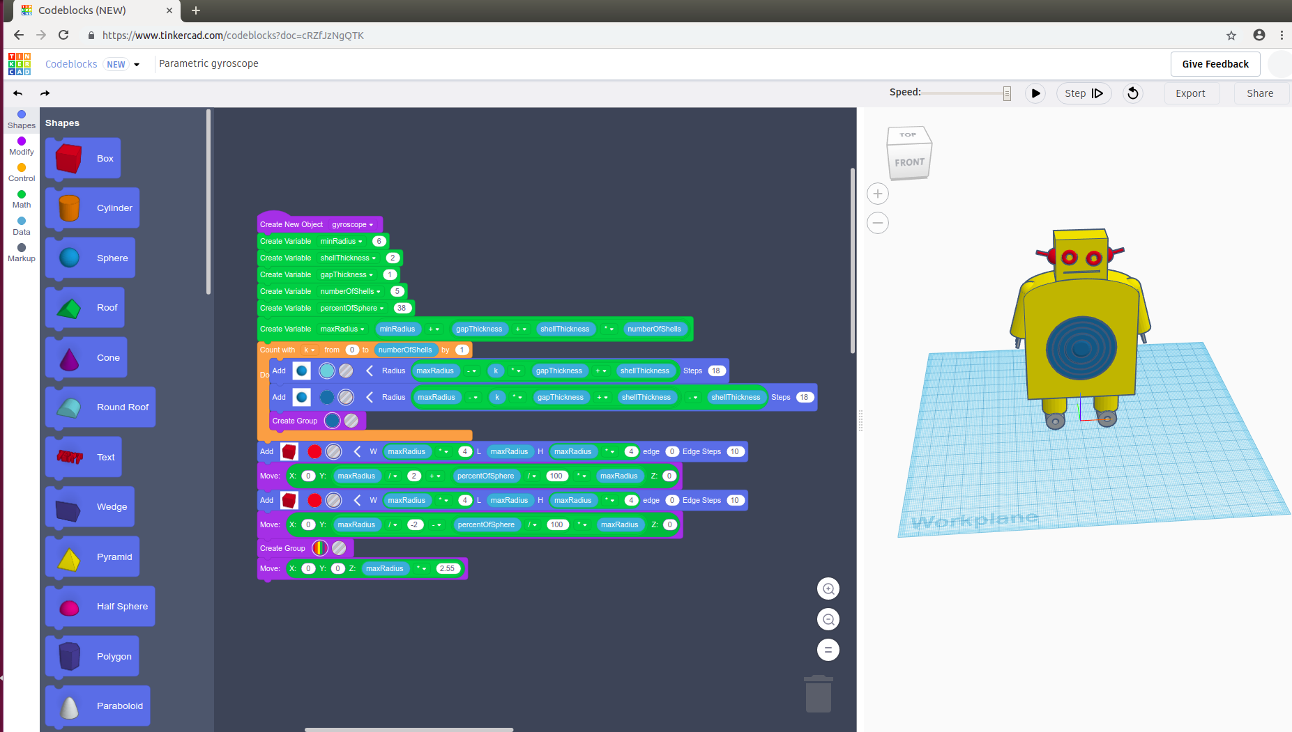Parametric Gyroscope and Robot Made With Tinkercad Codeblocks : 5 Steps ...