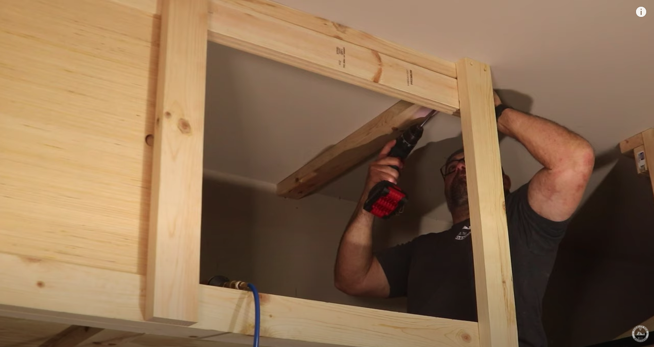 DIY Hanging Storage Shelves With Sliding Doors - Overhead Garage ...