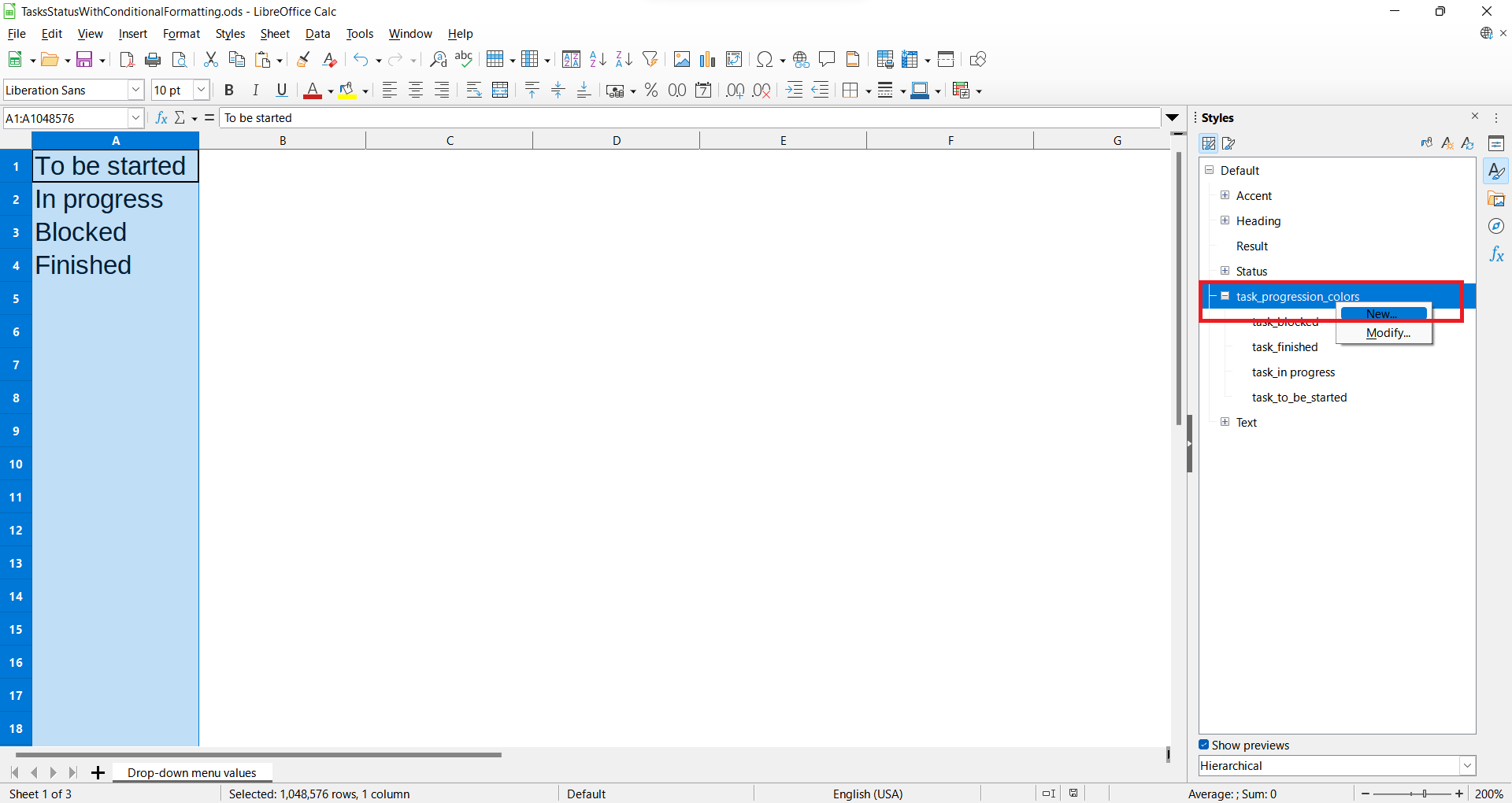 LibreOffice Calc: Drop-down Menu for Task Progression Values With ...